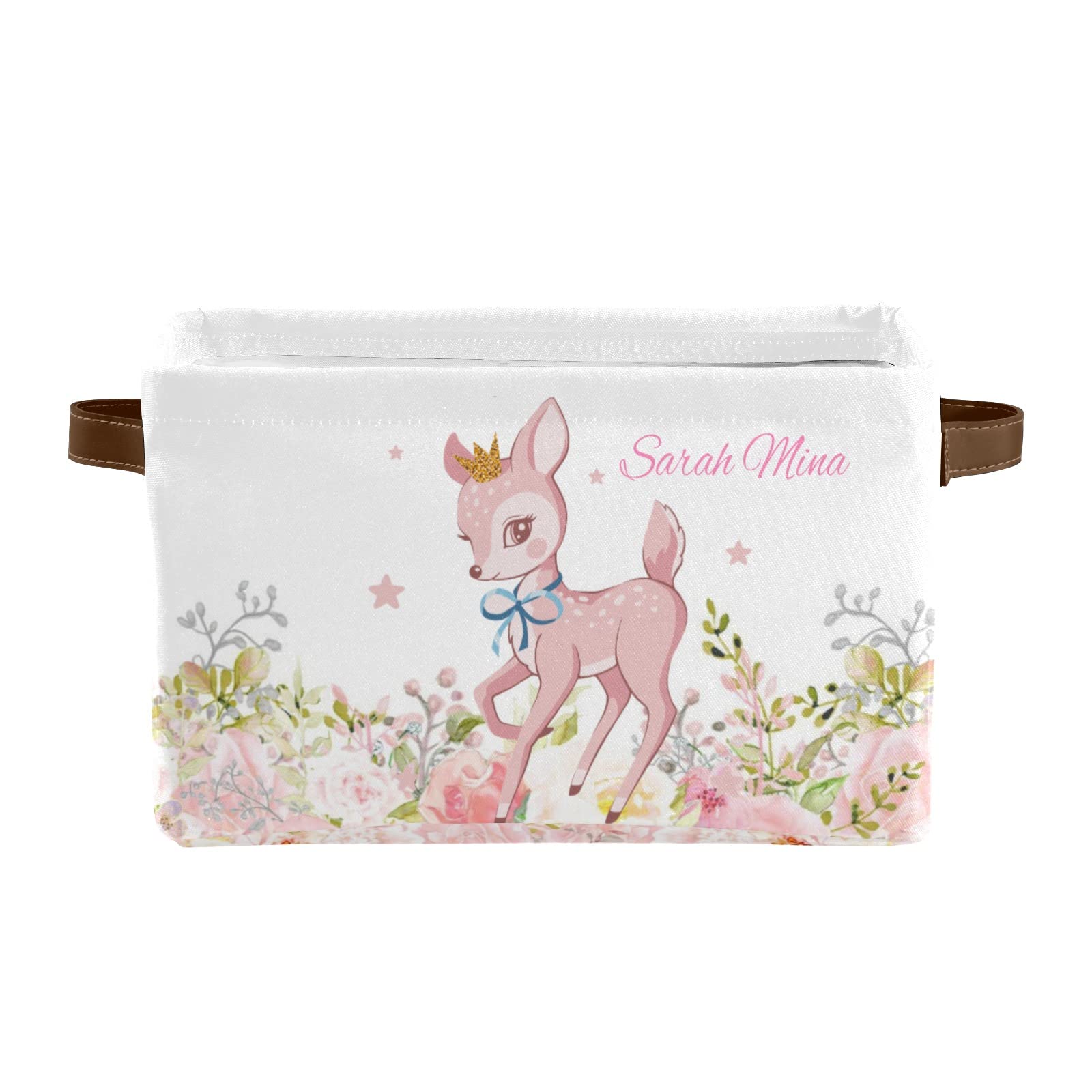 Pink Bambi Deer Custom Storage Basket,Personalized Storage Bins Cubes Organizer with Handle for Bedroom Wardrobe,Nursery,Basket 1 Pack