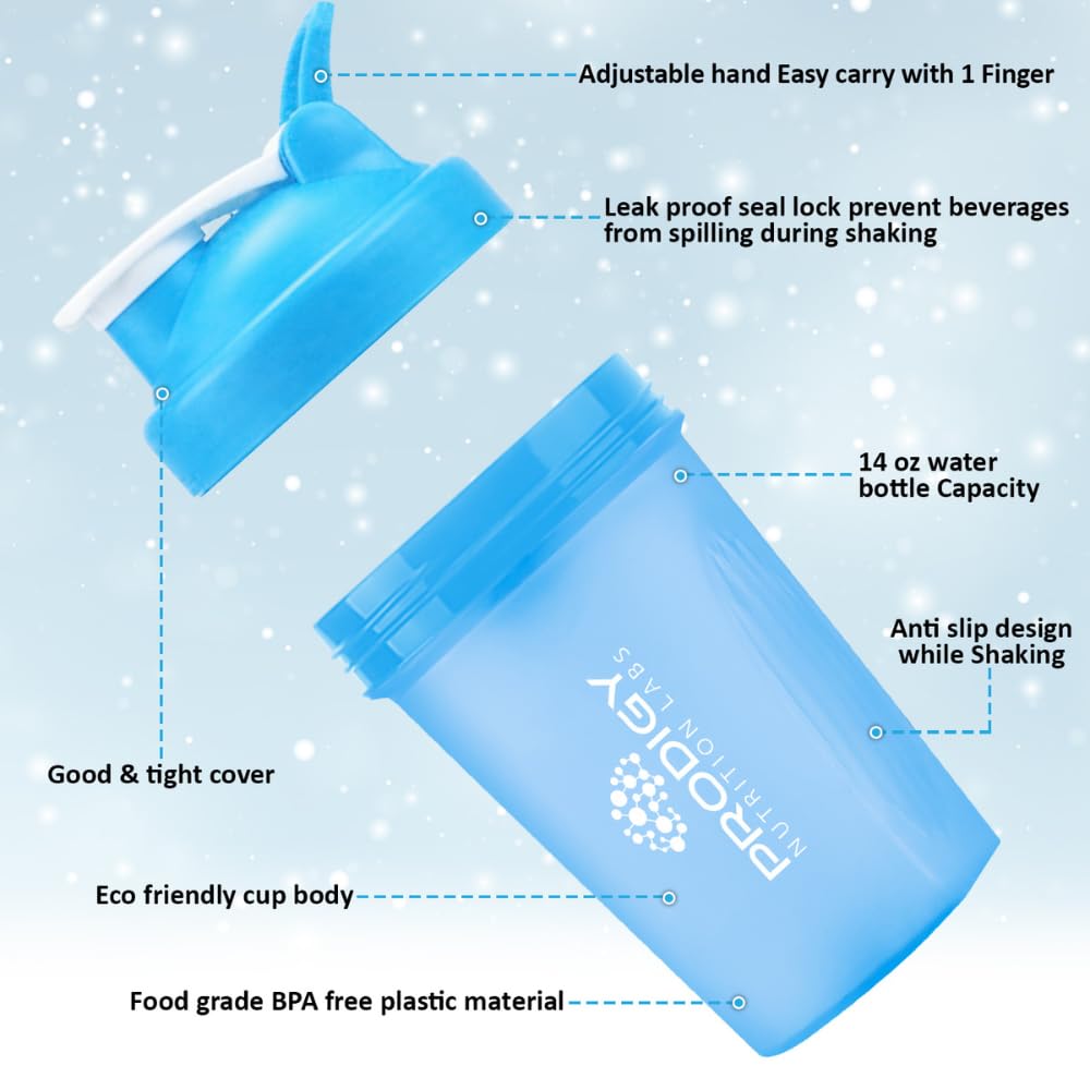 Prodigy Nutrition Labs Premium Shaker Bottle Perfect for Protein Shakes and Pre Workout -14 Ounce (Blue)