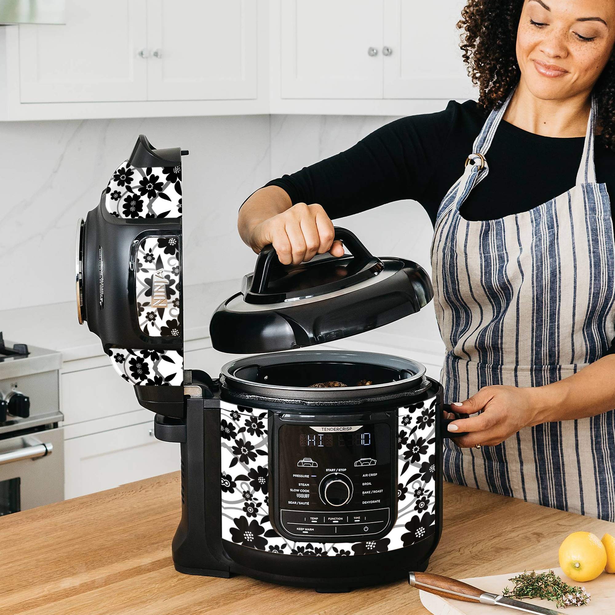 KRAFT'D Wrap for Ninja Foodi 8 Quart - QT Accessories Cover Sticker - Wraps fit Deluxe Cooker Mdl: FD402 LP3 | Black White Floral Pattern