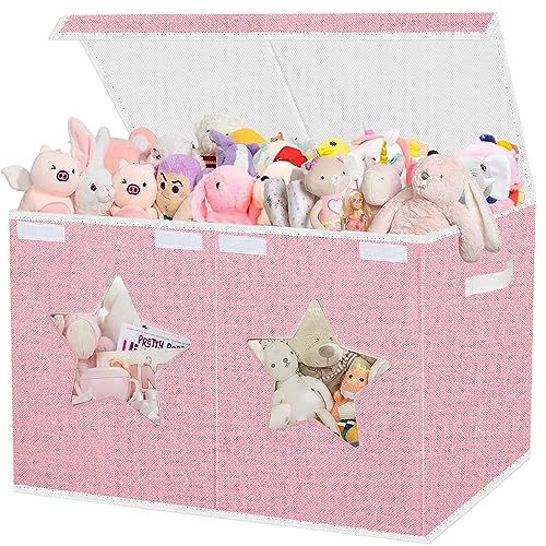 Xmasorme Large Toy Box for Girls, Toy Chest Box Organizer Bins with Star Transparent Windows, Sturdy Handles and Mesh Bag, Foldable Large Size Storage Box for Nursery, Playroom, Bedroom
