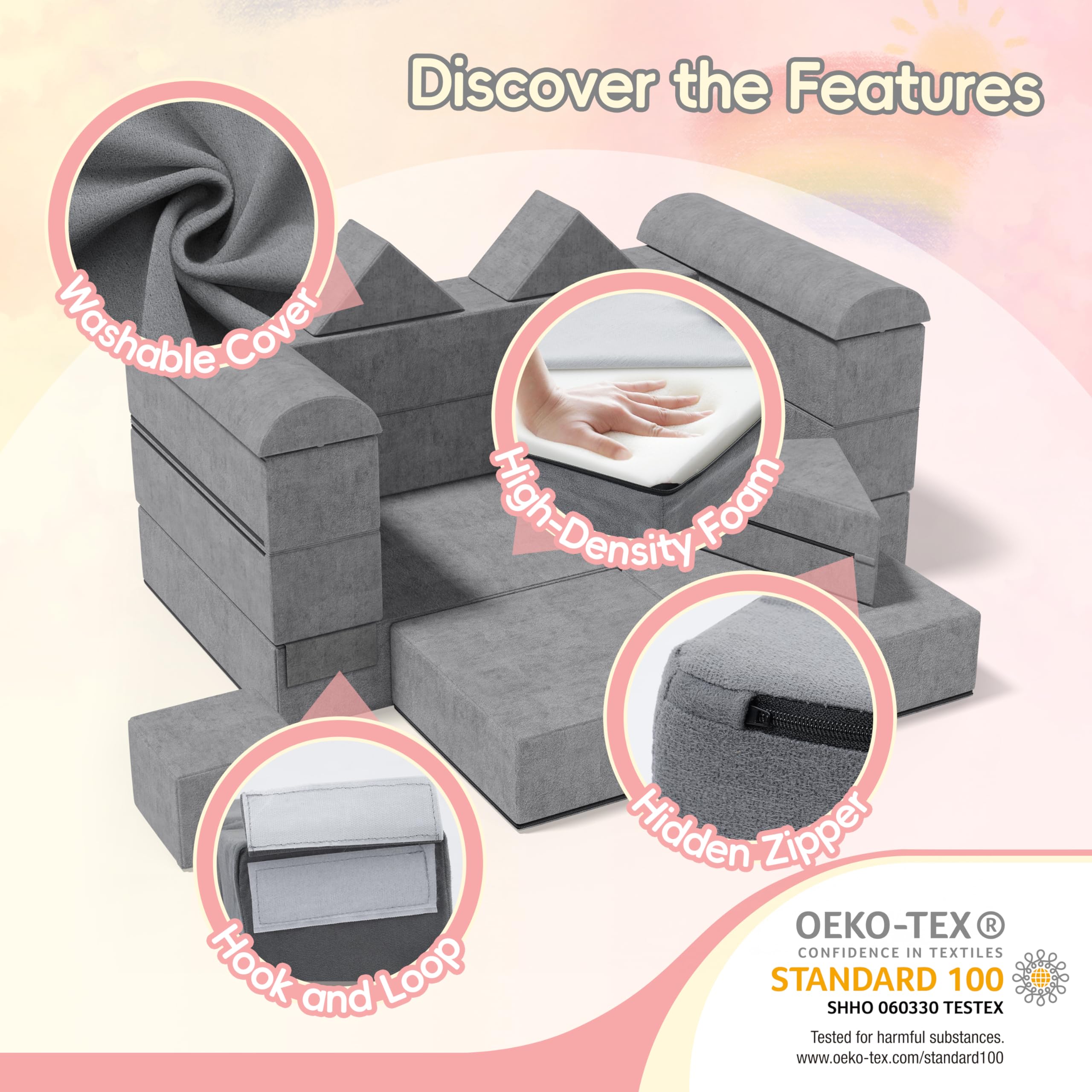 Xilingol Modular Kids Play Couch, Toddler Couch Kids Sofa with Ottomans, Convertible Foam Couch Play Set for Creative Boys & Girls, Kids Couch Building Fort for Playroom & Nursery (Grey)