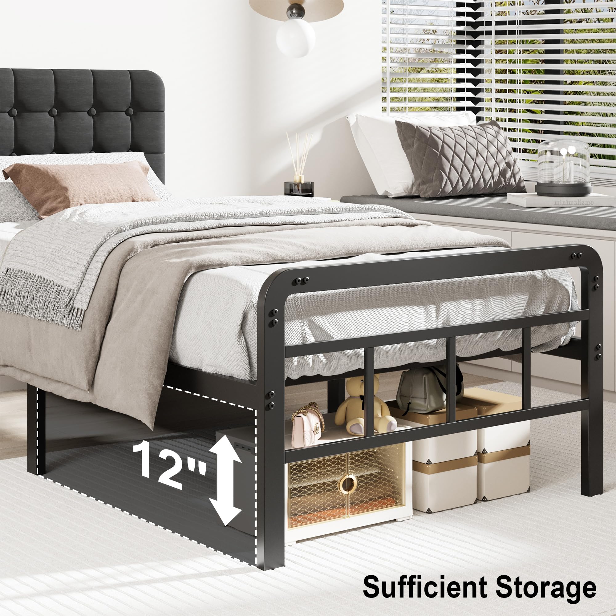 YUSENHEEI 14 Inch Twin XL Bed Frames with Upholstered Headboard and Metal Footboard, Heavy Duty Platform XL Twin Bed Frame, No Box Spring Needed, Easy Assembly, Black