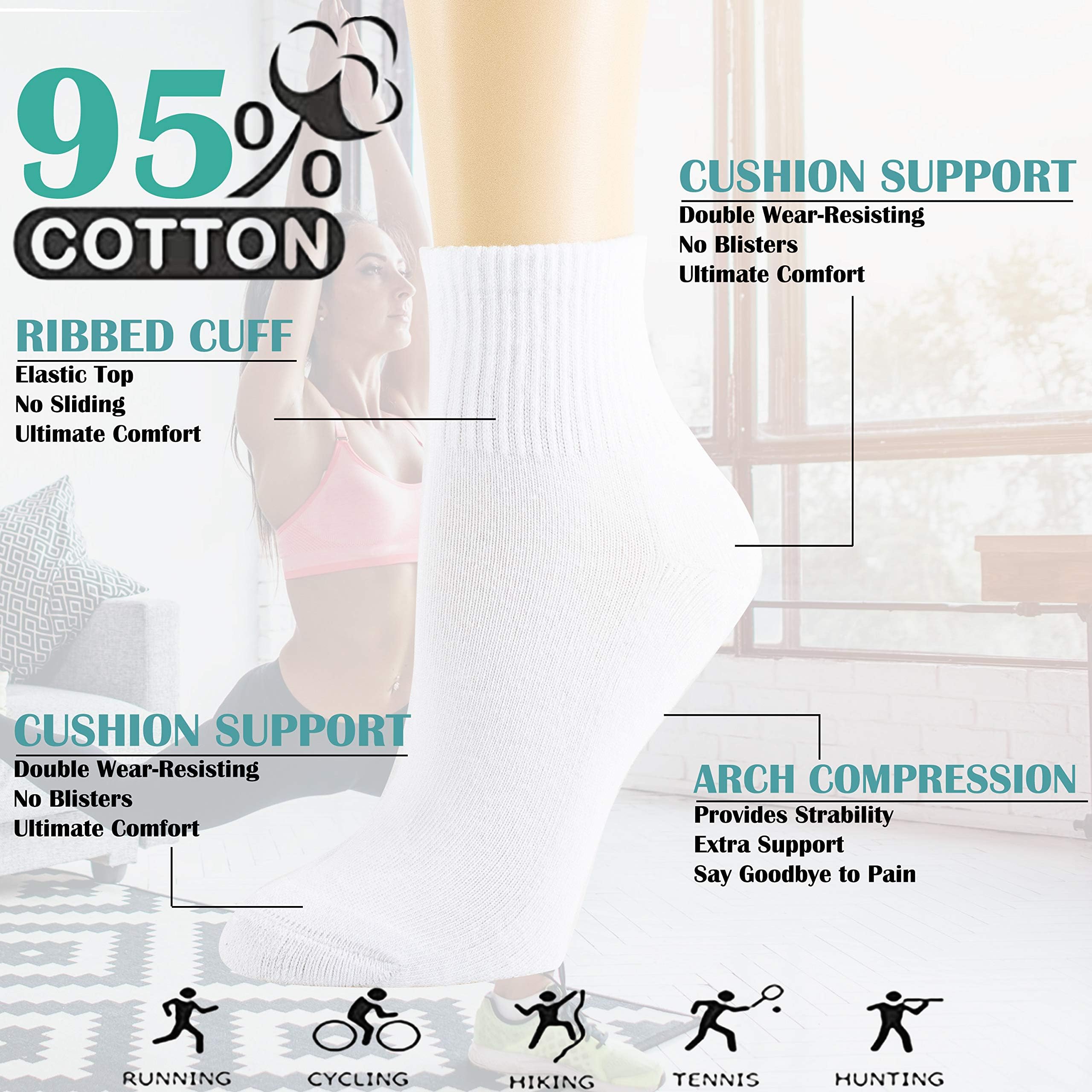 NevEND 6 Pairs Women's & Men's Mini Crew/Ankle Cotton Athletic Socks with Thick Cushioned M White