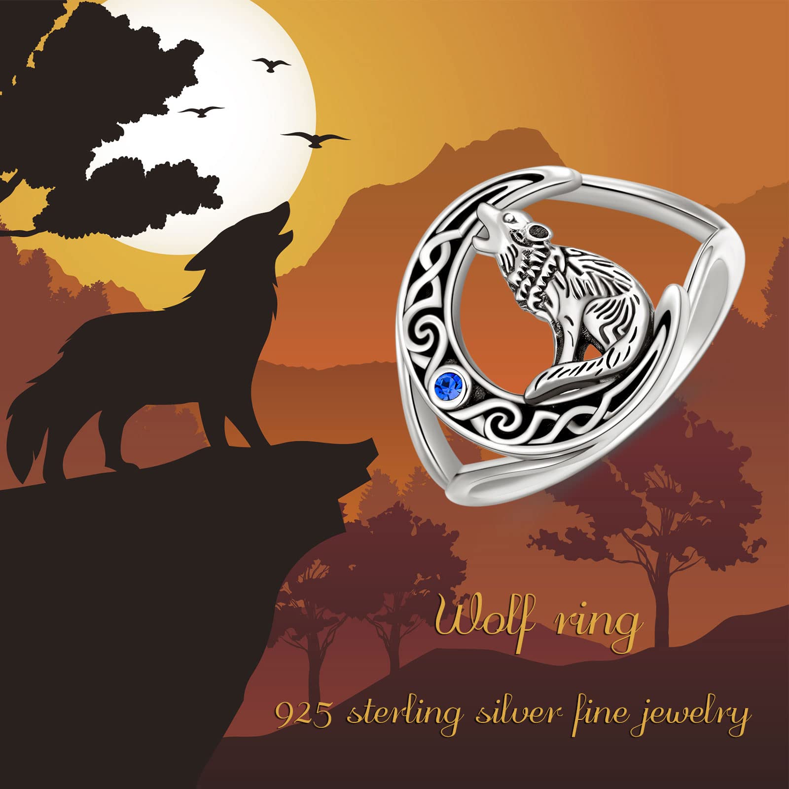 Plesitep Wolf Ring Sterling Silver Crescent Moon Wolf Ring for Women Men (6)