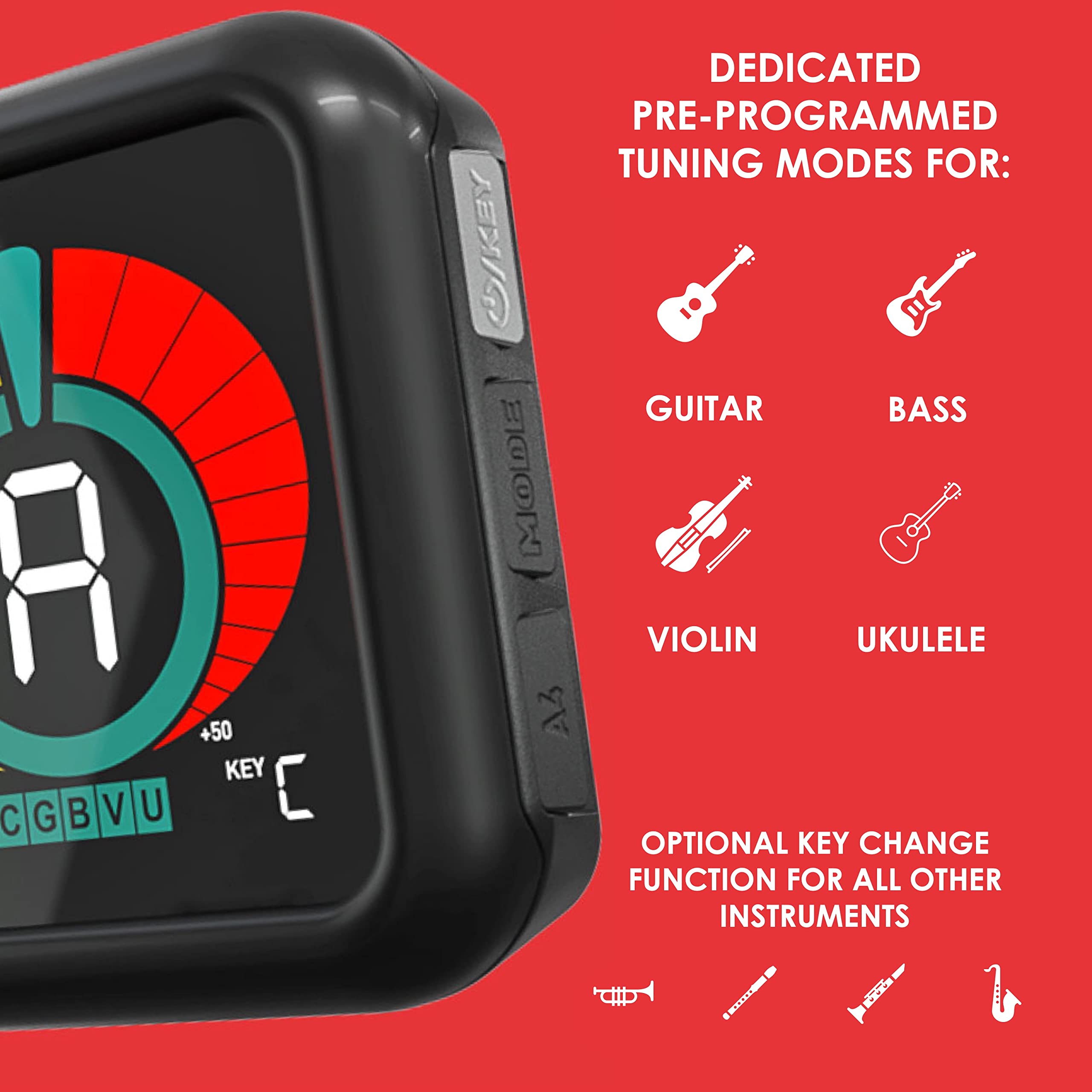 KLIQ UberTuner - Professional Clip-On Tuner for All Instruments (multi-key modes) - with Guitar, Ukulele, Violin, Bass & Chromatic Tuning Modes (also for Mandolin and Banjo)