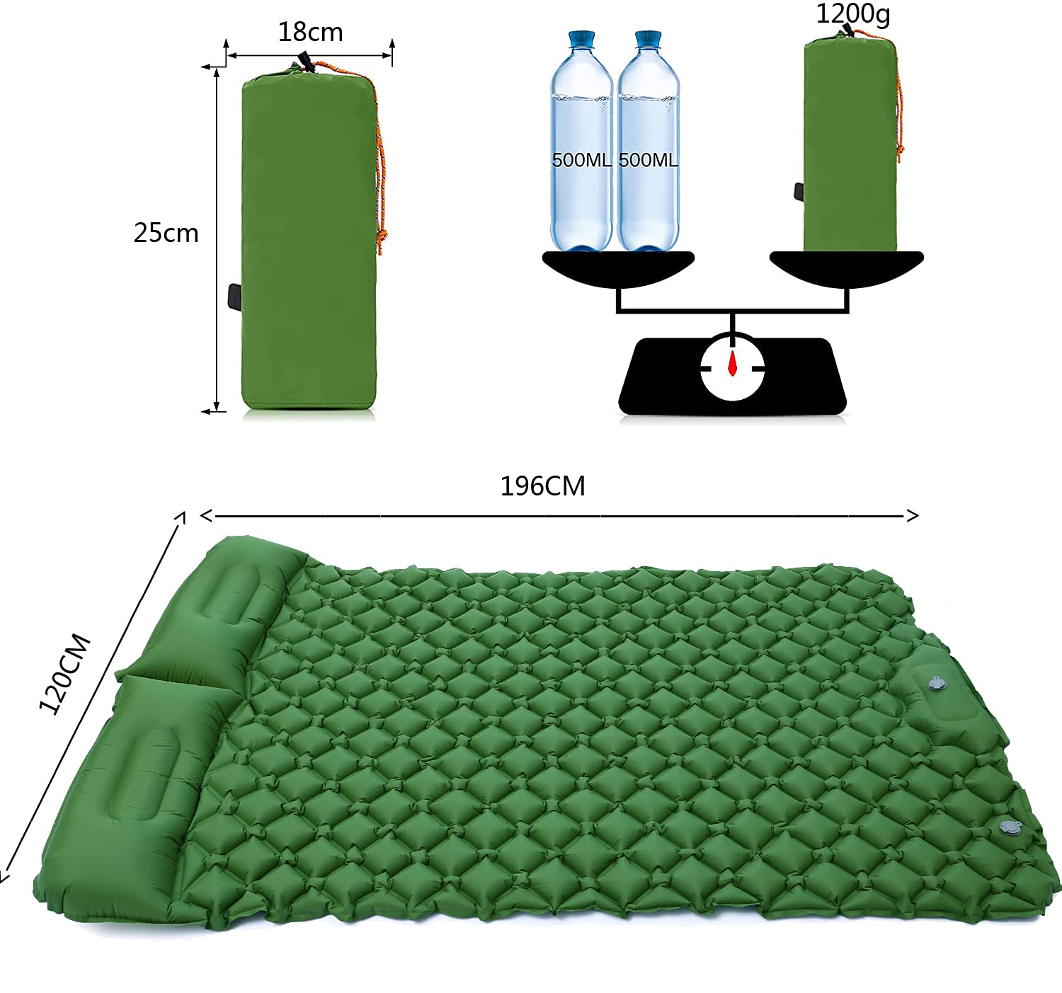 Onirii Double Sleeping Pad,Foot Press Inflatable Camping Mat with Pillow,Compact Ultralight Waterproof Camping Air Mattress 2 Person for Tents,Backpacking Beach,Car Camping,Hiking,Traveling