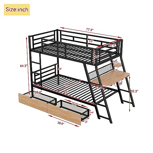 WADRI Modern Twin Size Bunk Bed with Built-in Desk and 2 Drawers, Metal Bunk Bed Frame with Light and Metal Slat Support for Kids Teens Boys Girls Bedroom