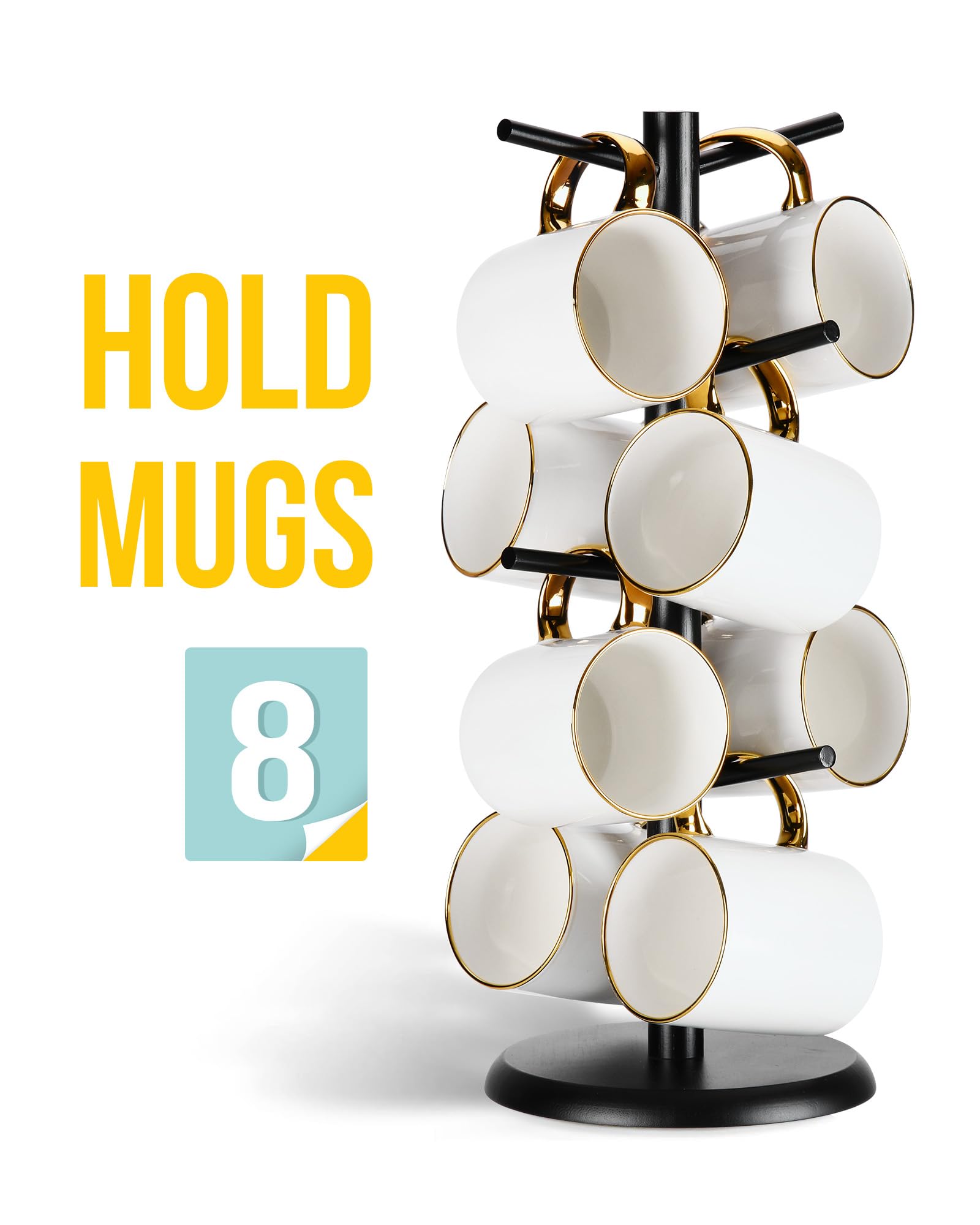 Lorbro Coffee Mug Tree with 8 Hooks, Mug Tree Stand, Bamboo Coffee Cup Holder, Countertop Mug Tree, Mug Stand Kitchen Organizer, Cafe Accessories Decor & Kitchen Organizer Storage Stand (Black)