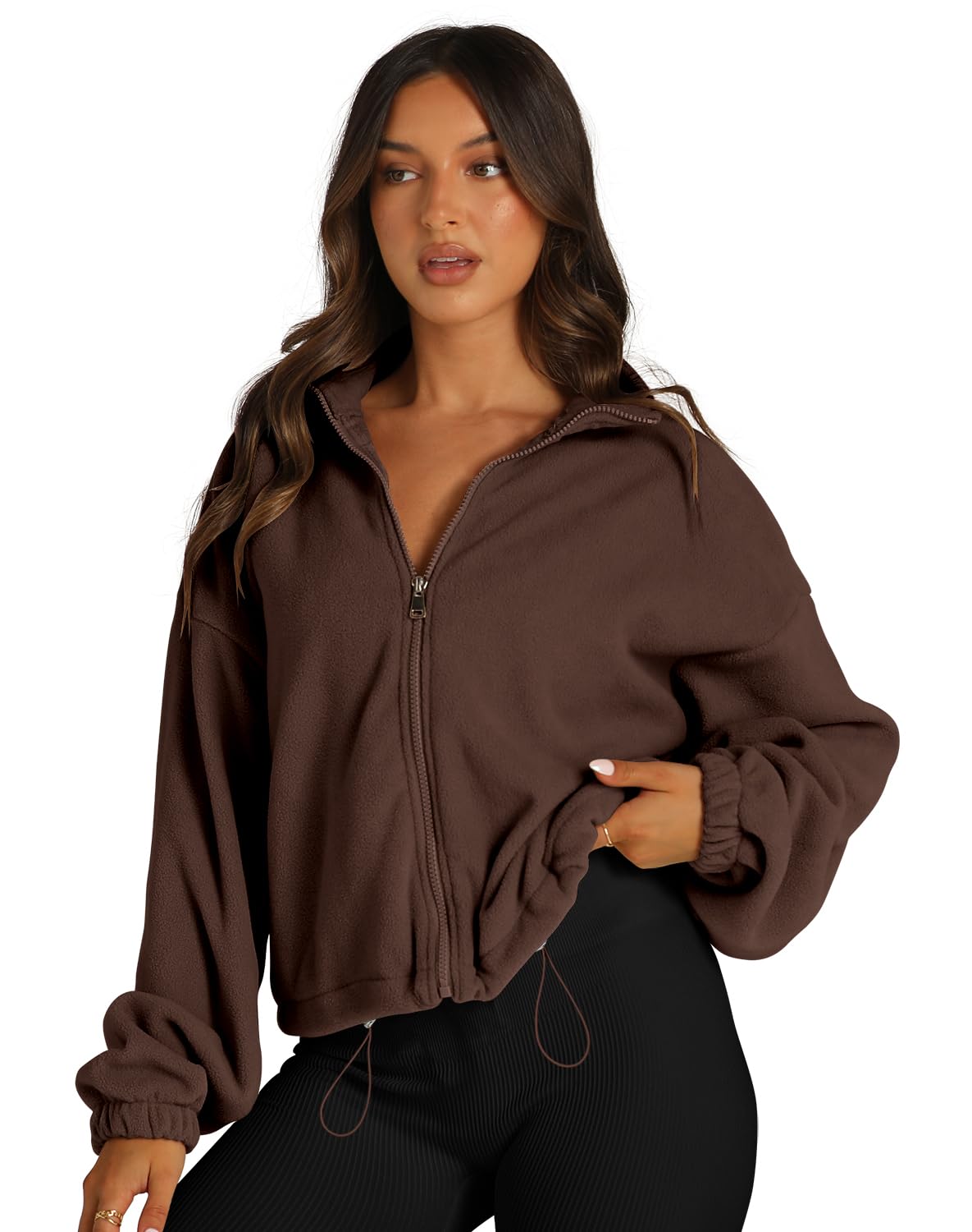 JZC Women's Zip Fleece Short Jacket Warm Winter Long Sleeve Sweatshirt Sherpa Crop Coat Brown Small