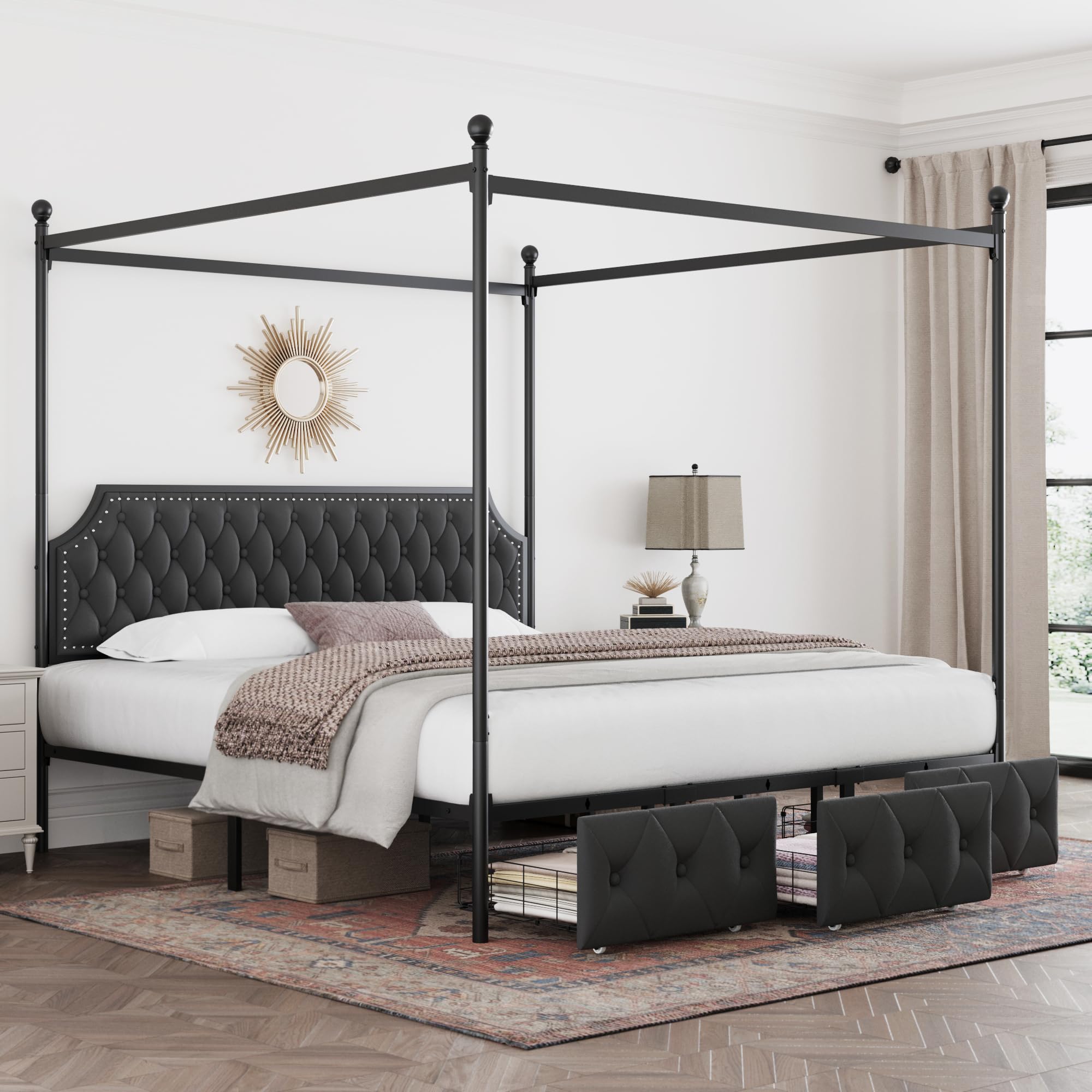 Keyluv King Upholstered Canopy Bed Frame with 3 Drawers and Button Tufted Headboard Metal Platform Bed with 4 Removable Posts Two-Purpose Velvet Bed No Box Spring Needed Dark Grey/Curtain Not Included