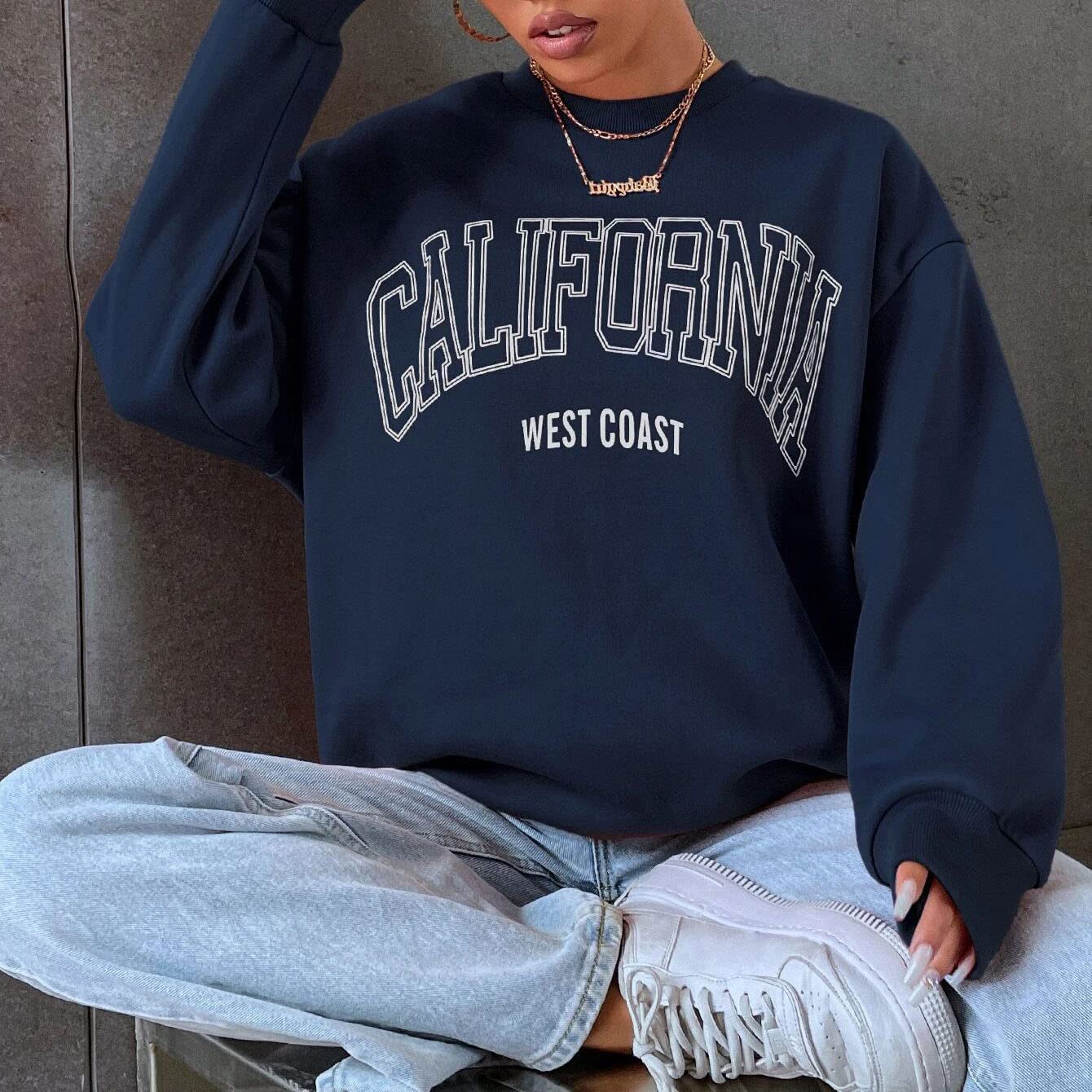 Mutumobo Women Oversized California Letter Graphic Fleece Sweatshirt Long Sleeve Crewneck Drop Shoulder Pullover Jumper Navy Blue