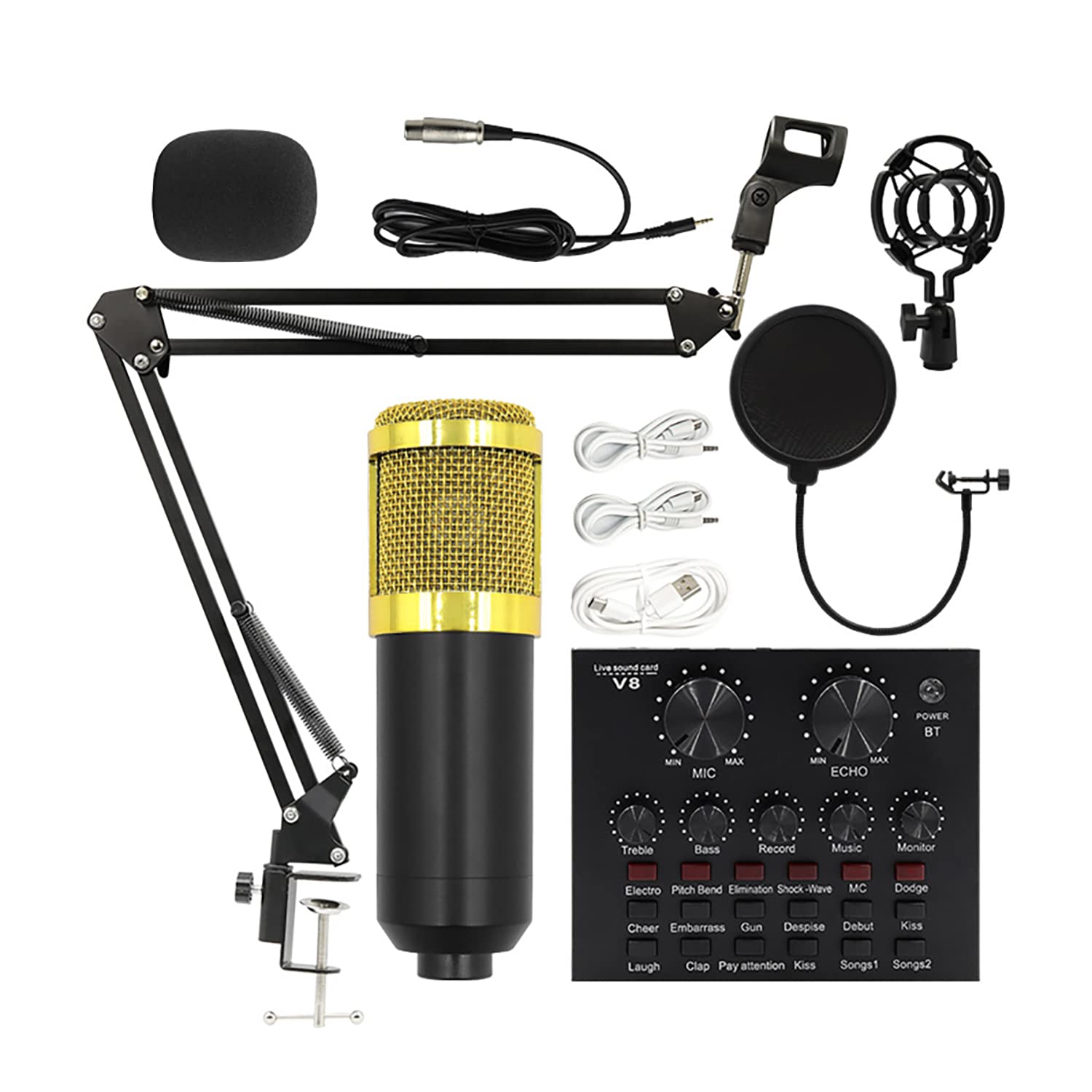 PAsucceed Recording Microphone Kit, BM-800 Microphone Kit with Live Sound Card, Adjustable Microphone Suspension Scissor Arm, Shock Mount and for Studio Recording and Live Chat (Gold)