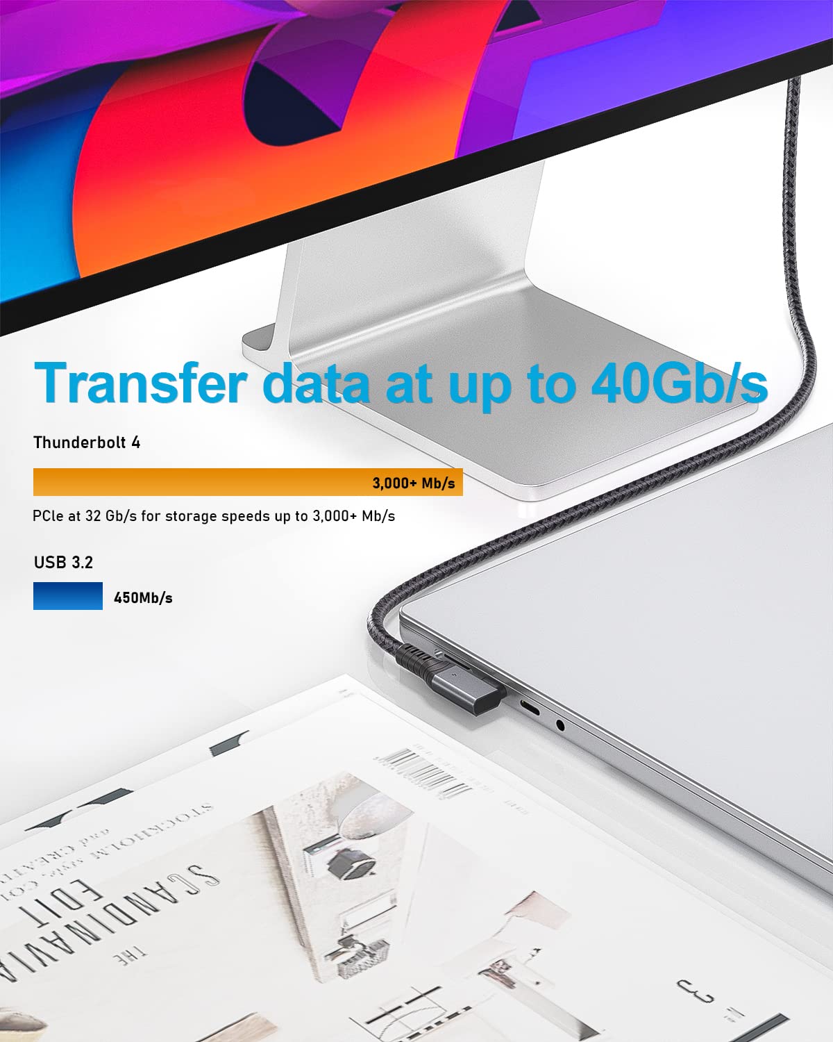Thunderbolt 4 Cable, Right Angle Thunderbolt 4 Cable with 8K@30Hz Display/40Gbps Sync/100W Charging,Compatible with Thunderbolt 3/USB-C, for Macbook, imac, Thunderbolt Docking Station, External SSD