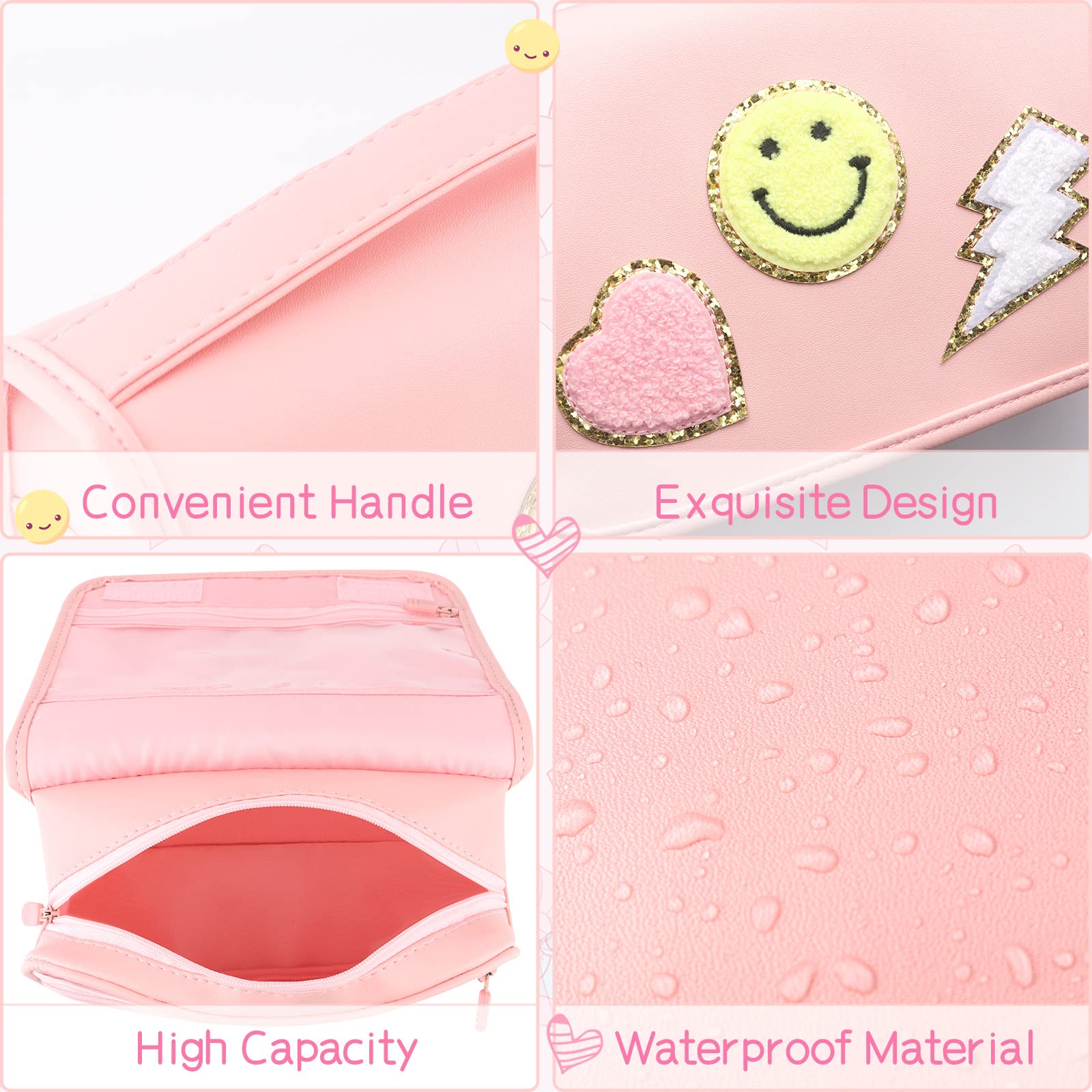 SANCARDY ZOCHON Preppy Patch Makeup Bag PU Leather Small Cosmetic Bag Portable Waterproof Travel Organizer Cute Mini Makeup Bag for Women Gift Pink