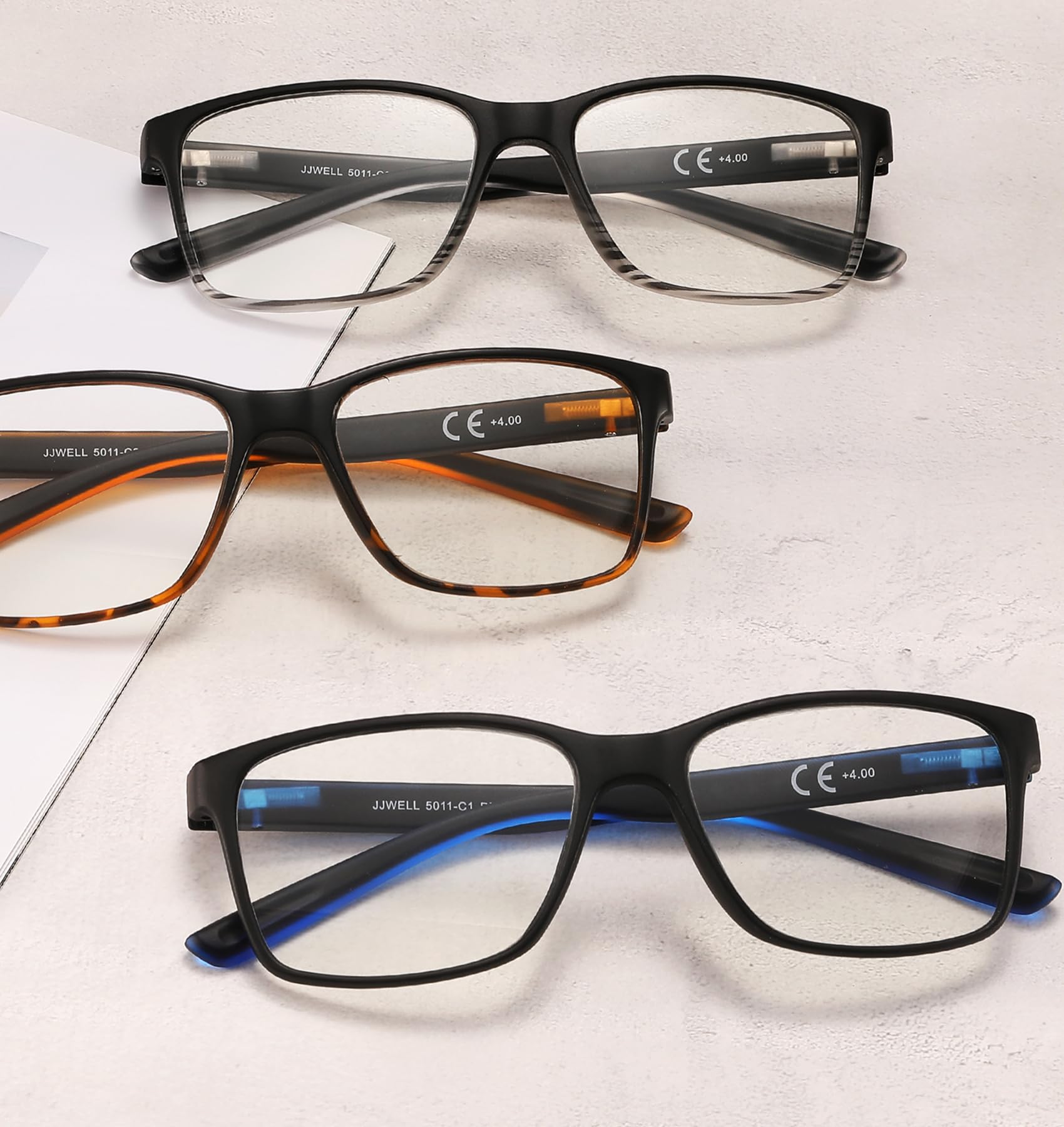 JJWELL 3 Pack Reading Glasses for Men Blue Light Blocking with Spring Hinge, Anti Eyestrain/Dryness/UV Large Wide Square Readers for Men, Two Tone Computer Reader Glasses Eyeglass(1.75 Strength)