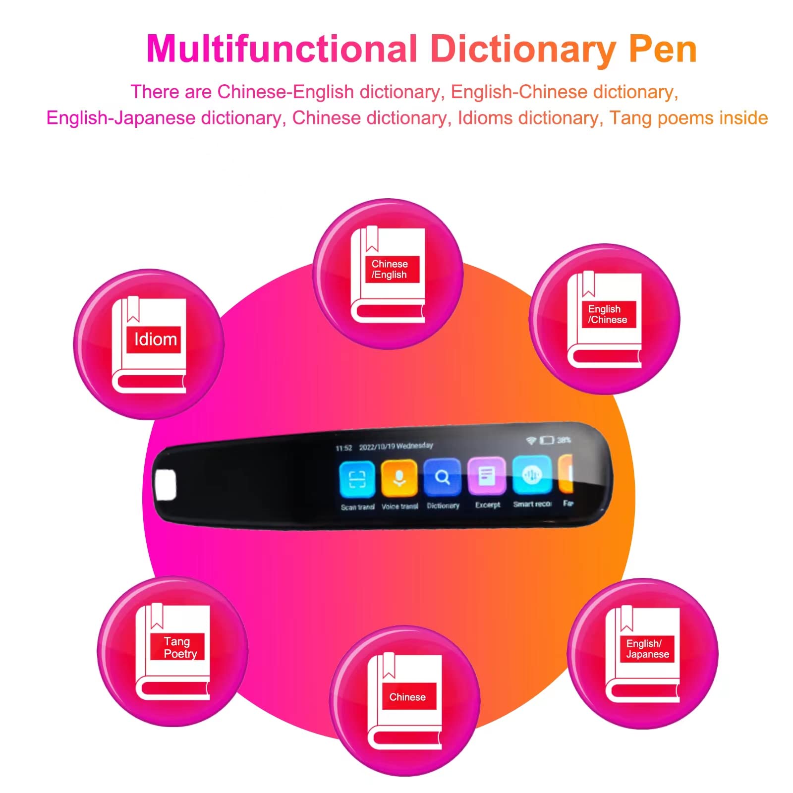Upgraded Translation Pen Scanner, Text to Speech Device, OCR Digital Pen Reader, Exam Reading Pen for Students, Dyslexia, Wireless Language Translator for Travelers & International Business Personnel