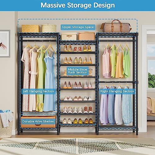 VIPEK S3 Heavy Duty Garment Rack Free Standing Clothes Rack Closet Storage Organizer Large Wardrobe with 6-Tier Shoe Rack, Hanging Rod, Adjustable Shelf, 68.9" L x 15.7" W x 76.4" H, Black