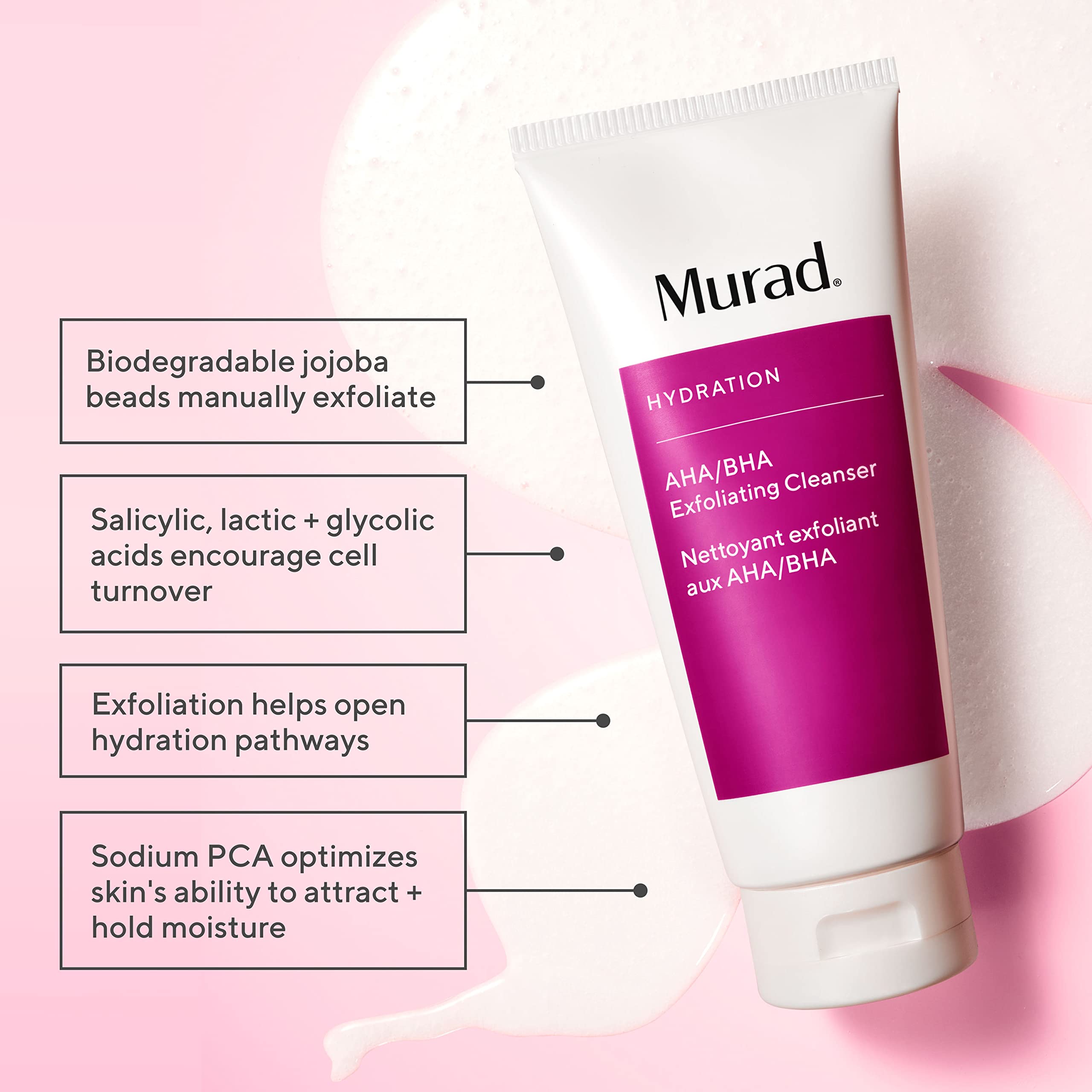 Murad AHA/BHA Exfoliating Cleanser - Hydration Exfoliating & Moisturizing Salicylic, Lactic and Glycolic Acid Face Wash - Creamy Skin Smoothing Treatment Backed by Science, Travel size, 2 Fl Oz