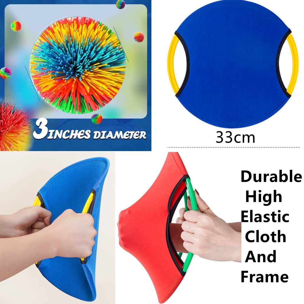 Rhyhorn 8 Packs of Monkey String Balls, Sizes of 2.7 inches, 7 cm in Diameter ,Fidget Stress Balls, Rainbow Pom Bouncing Balls and Fun Party Games Monkey String Koosh Balls with 4 X Paddles