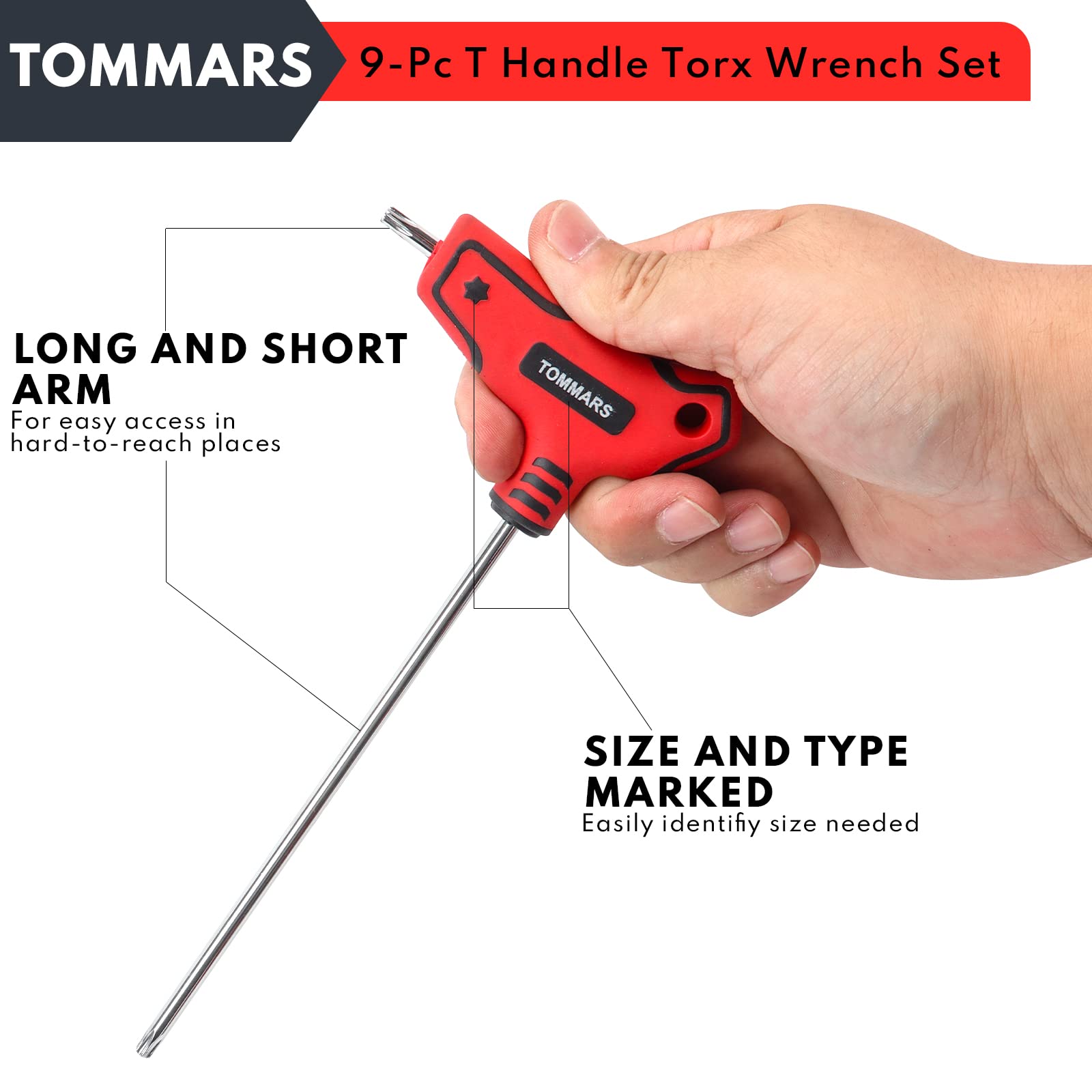 TOMMARS 9PC T Handle Torx Wrench Set, S2 Steel, T10 - T50 Tamper Proof Star Key Set
