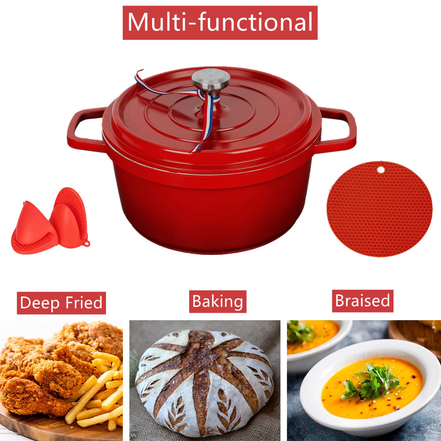Nonstick Cast Aluminum Dutch Oven Pot with Lid, 5.0qt induction bottom Casserole with ceramic coating, Lightweight Dutch Ovens Caldero Braiser for baking & cooking