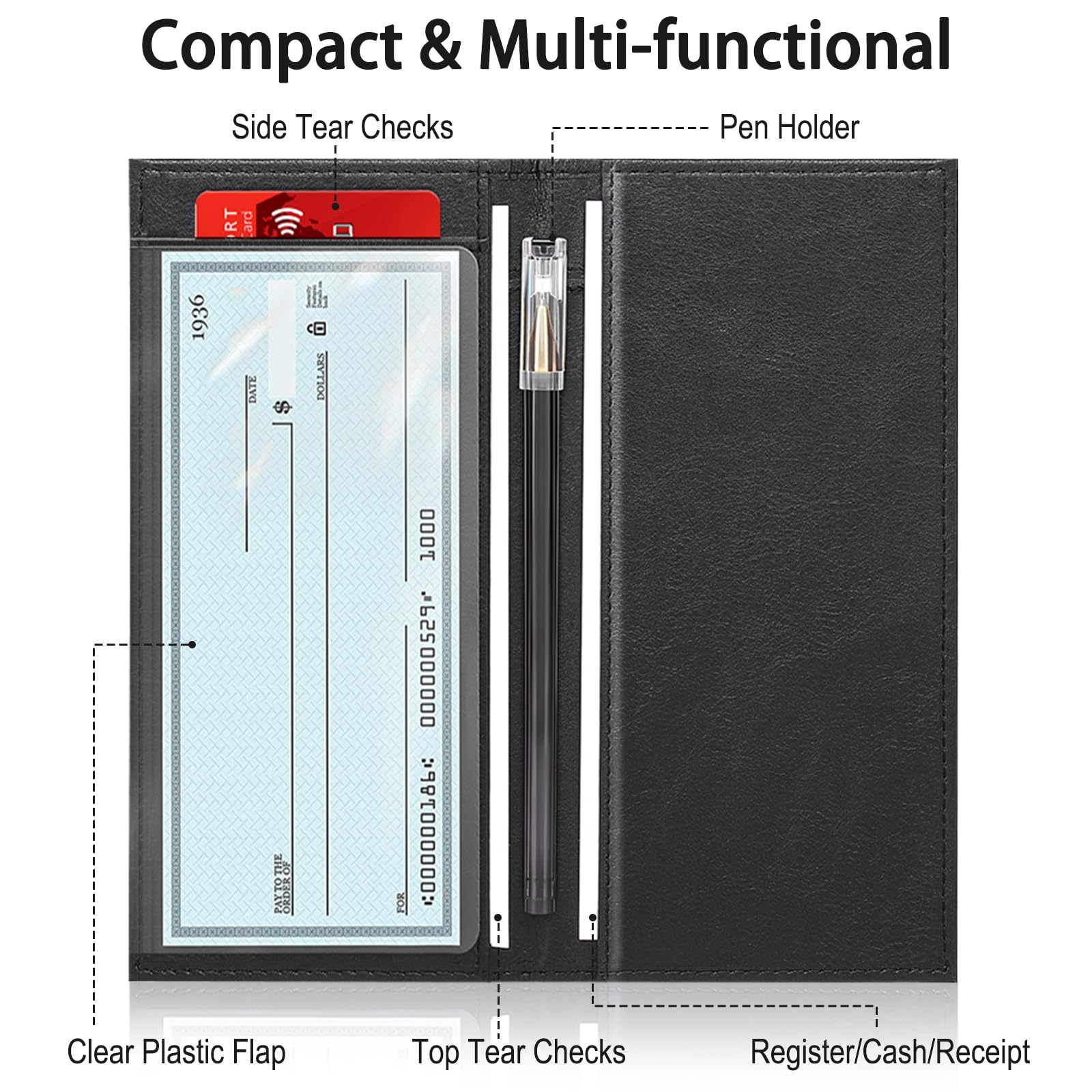 LLi Cufite Leather Checkbook Cover for Top & Side Tear Registers Duplicate Checks with Plastic Insert Flap Card Holder Pen Hoop Slim Wallet for Men Women