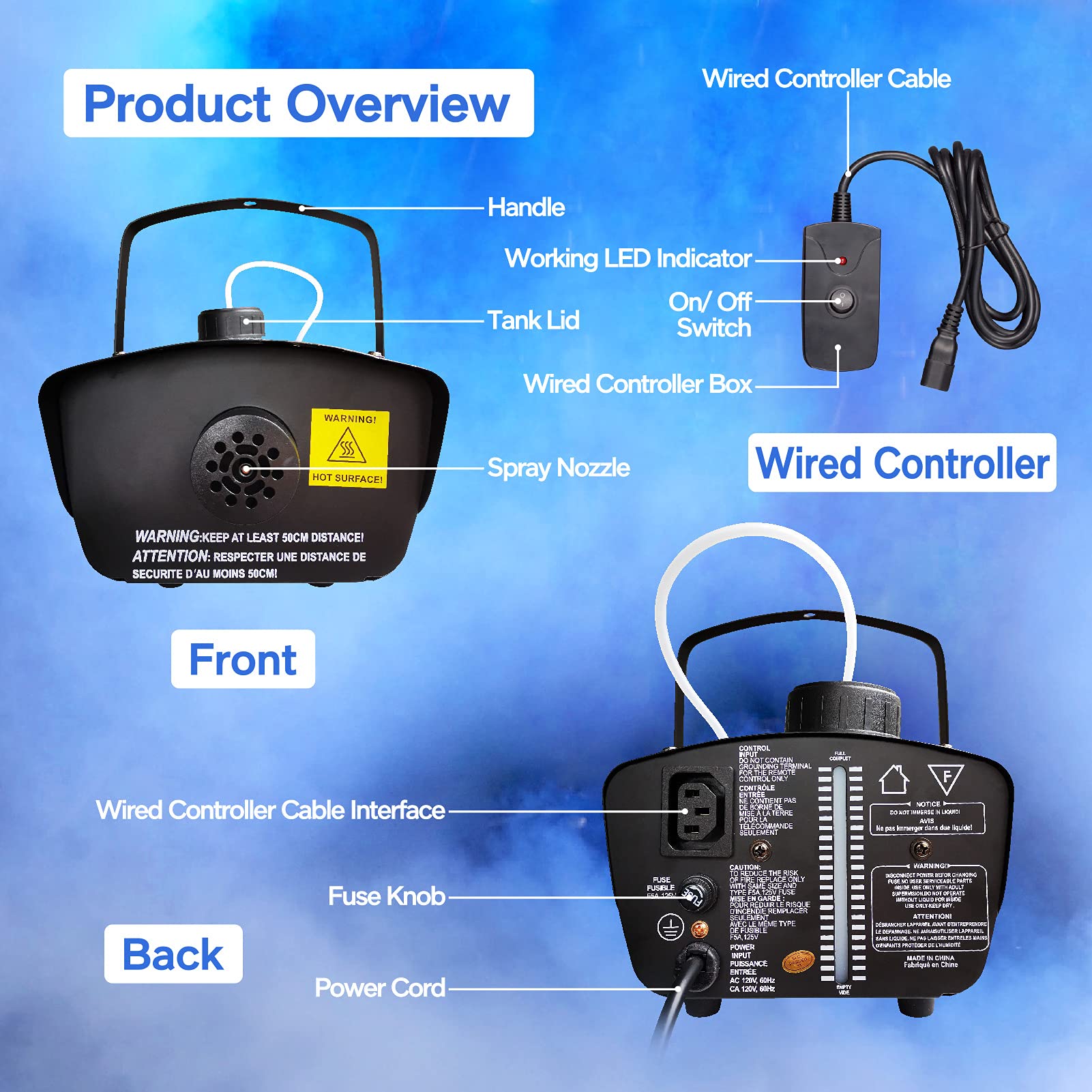 Naturalife Fog Machine, Professional Smoke Maker with Wired Remote Control and Fuse Protection, Great Smoke Machine for Halloween, Thanksgiving & Christmas Parties, 400W-Black