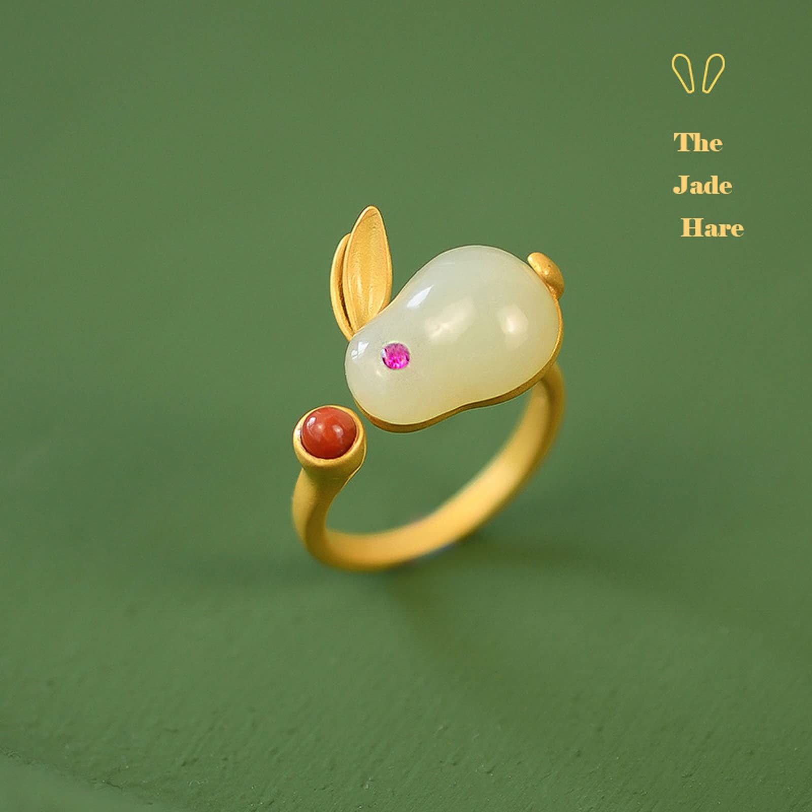 NICSY Jade Rabbit Ring, Chinese New Year Rabbit Ring, Niche Design Premium Feel, Light Luxury Chinese Style Cute Cute Rabbit, Adjustable Open Ring