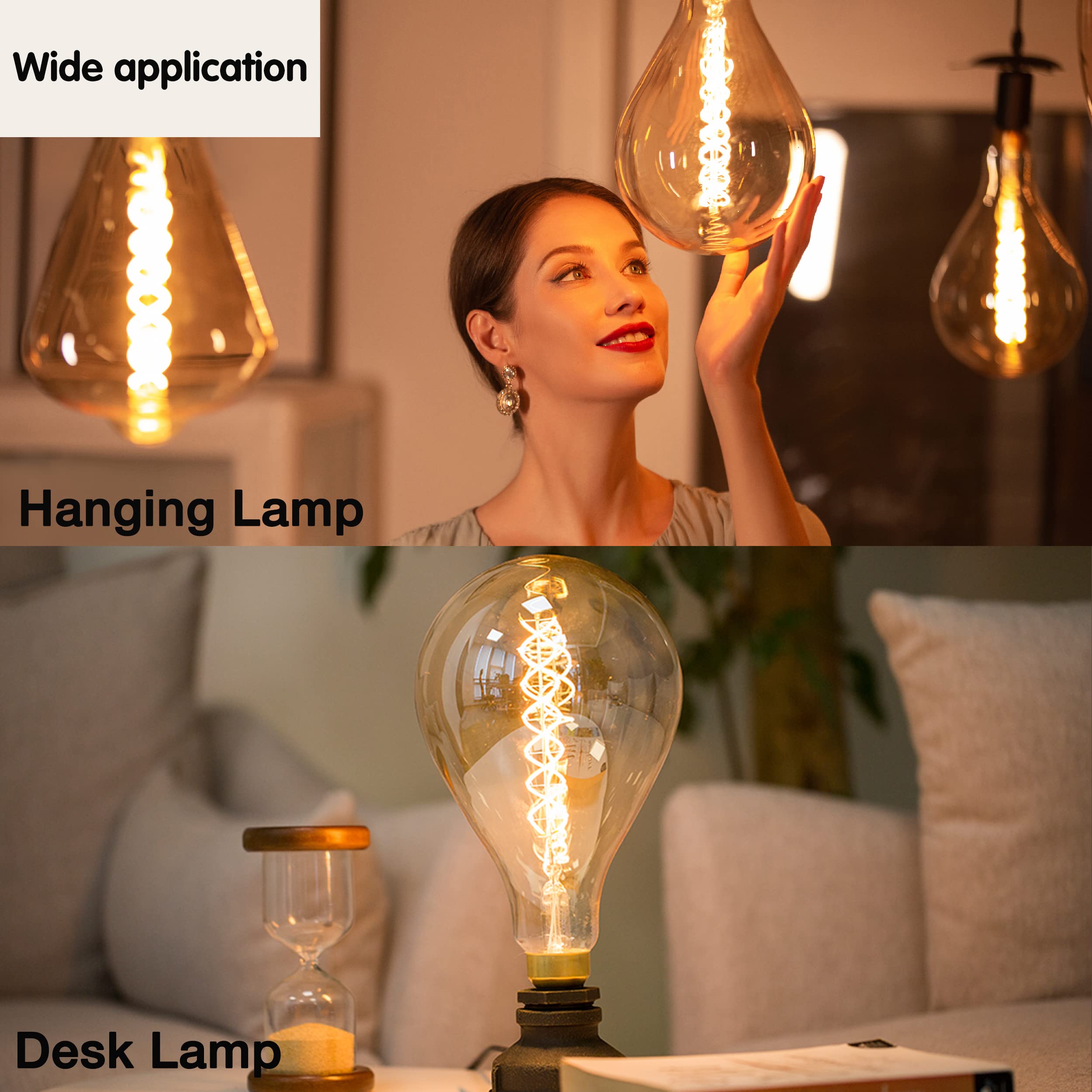 Mveriud PS52 LED Decorative LED Large Bulb for Pendant Light, 2200K Warm White, Amber Glass, 300LM, E26 Medium Base. 6.5W(40W Equivalent), CRI90
