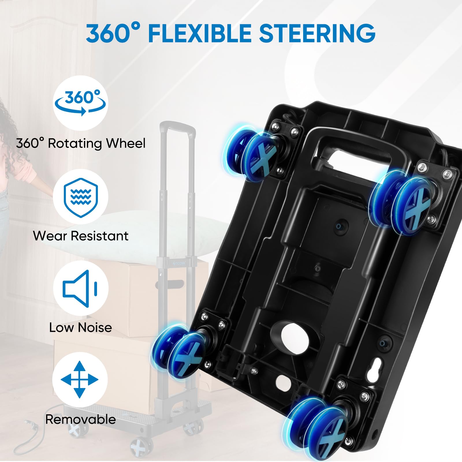 TICONN Folding Hand Truck Dolly, Portable Dolly with Adjustable Handle,Lightweight Luggage Utility Cart with 4 Rotate Wheels