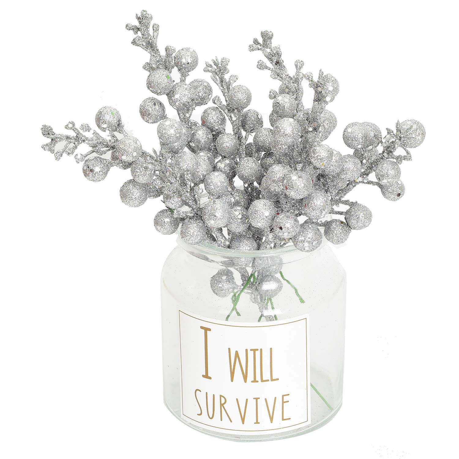 Lvydec 16pcs Christmas Glitter Berries Stems, 7.8" Artificial Christmas Picks for Christmas Tree Ornaments, DIY Xmas Wreath, Crafts, Holiday and Home Decor (Silver)