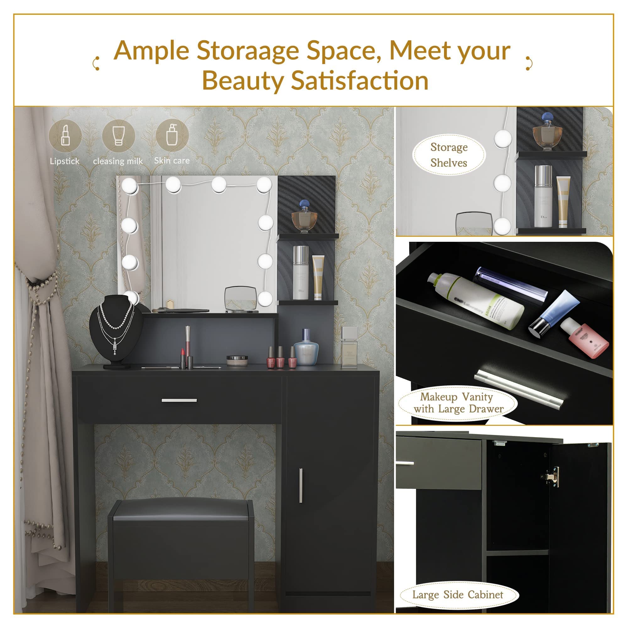 JOYSOURCE Large Vanity Set with 10 Light Bulbs, Black Makeup Vanity Table with Cushioned Stool, Vanity Desk with 3 Shelves & 1 Large Drawer & 1 Storage Cabinet, Dressing Table for Women, Girl, Bedroom