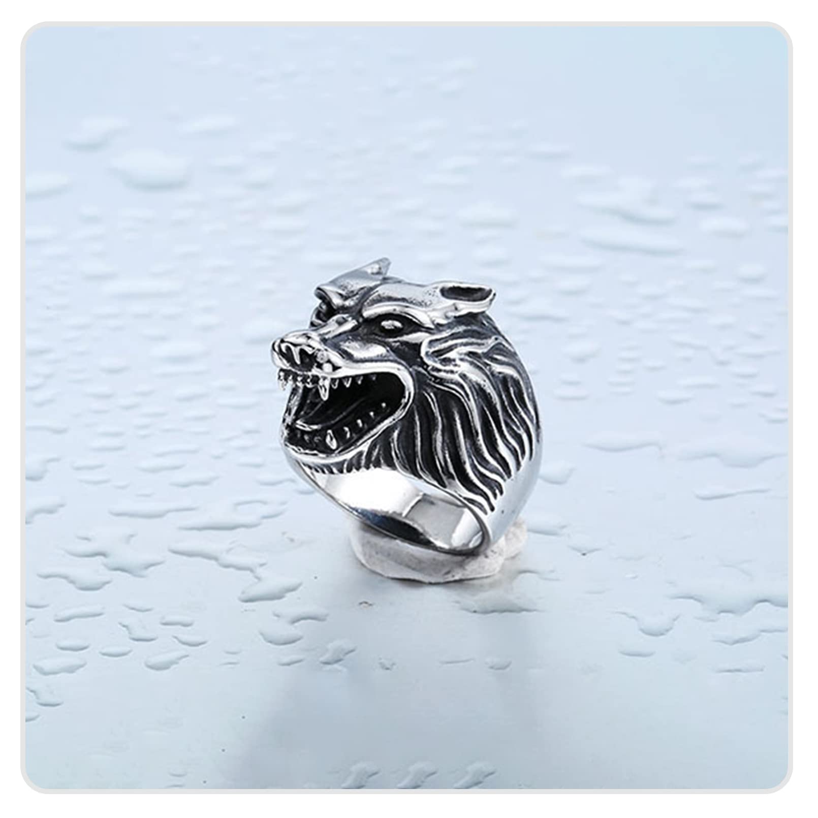 Nsitbbuery Hip Hop Jewelry Biker Ring Stainless Steel Wolf Head Band Ring(Steel(11))