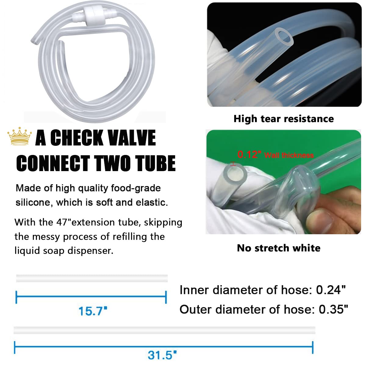 Soap Dispenser Extension Tube Kit with Check Valve, 47" Under Counter Soap Dispenser Tube for Kitchen Sink, Fit Most Soap Containers, Powerful Suction, Never Fill The Little Bottle Again SonTiy
