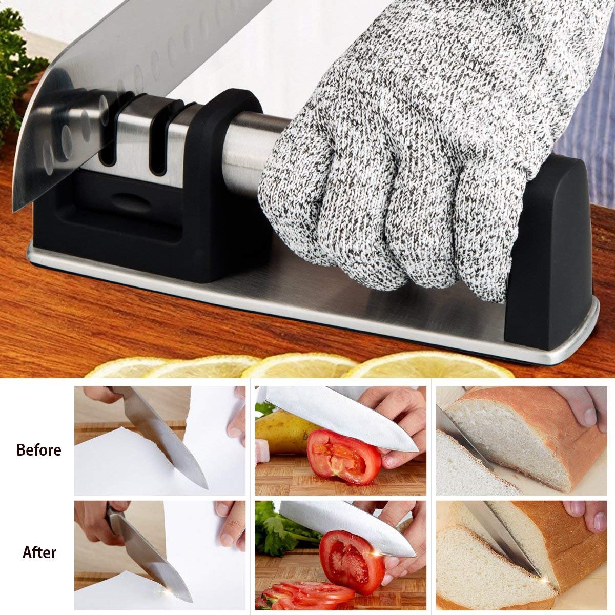 Knife Sharpener, Sharp Kitchen Sharpen Knife Kit with 2 Stage Diamond Coated Ceramic Knives Sharpening Wheel System and 5 Cut Resistant Glove, Portable Handheld Metal Steel Sharpeners Tool Set