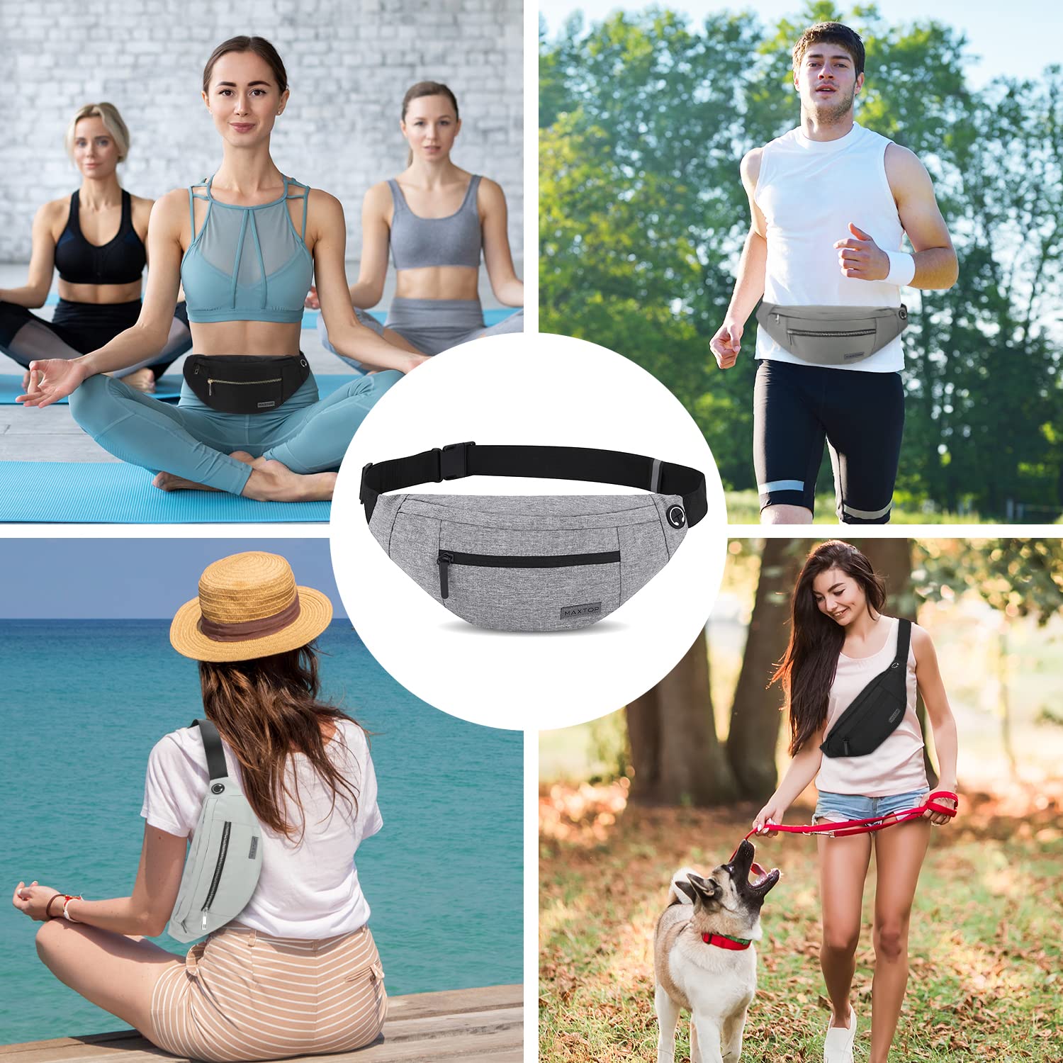 Large Fanny Packs Belt Bag for Women Men Cross Body with 4-Zipper Pockets Gifts for Enjoy Festival Sports Yoga Workout Running Casual Hands-Free Waist Pack Travel Essentials Carrying All Size Phones