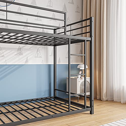 JURMERRY Metal Bunk Bed Twin Over Twin Beds with Sturdy Guard Rail & Ladder, Space-Saving Design No Box Spring Needed,Black