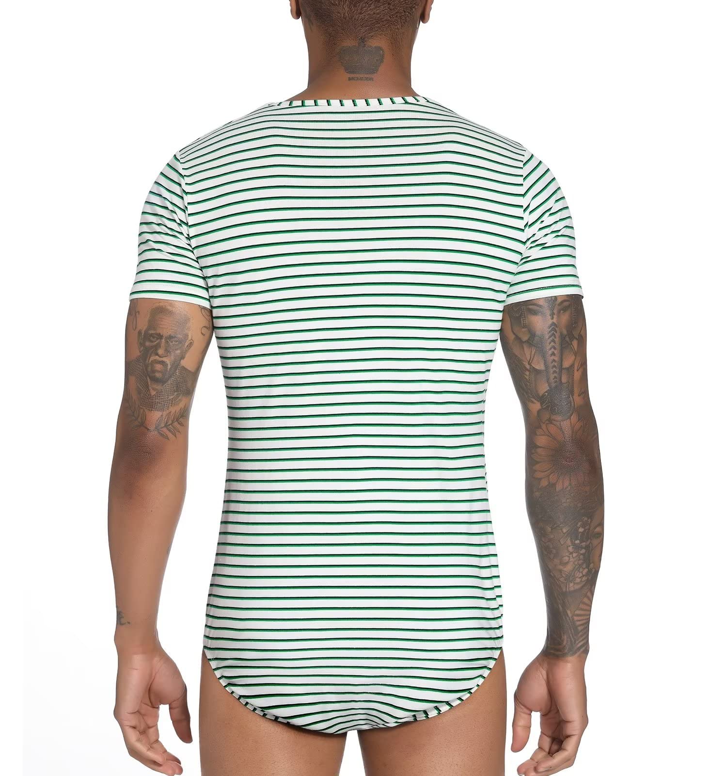 Landofgenie Mens Striped Onesie Pajamas Press Button Crotch Shirt Bodysuit Short Sleeve One Piece Bodysuit White 3XL