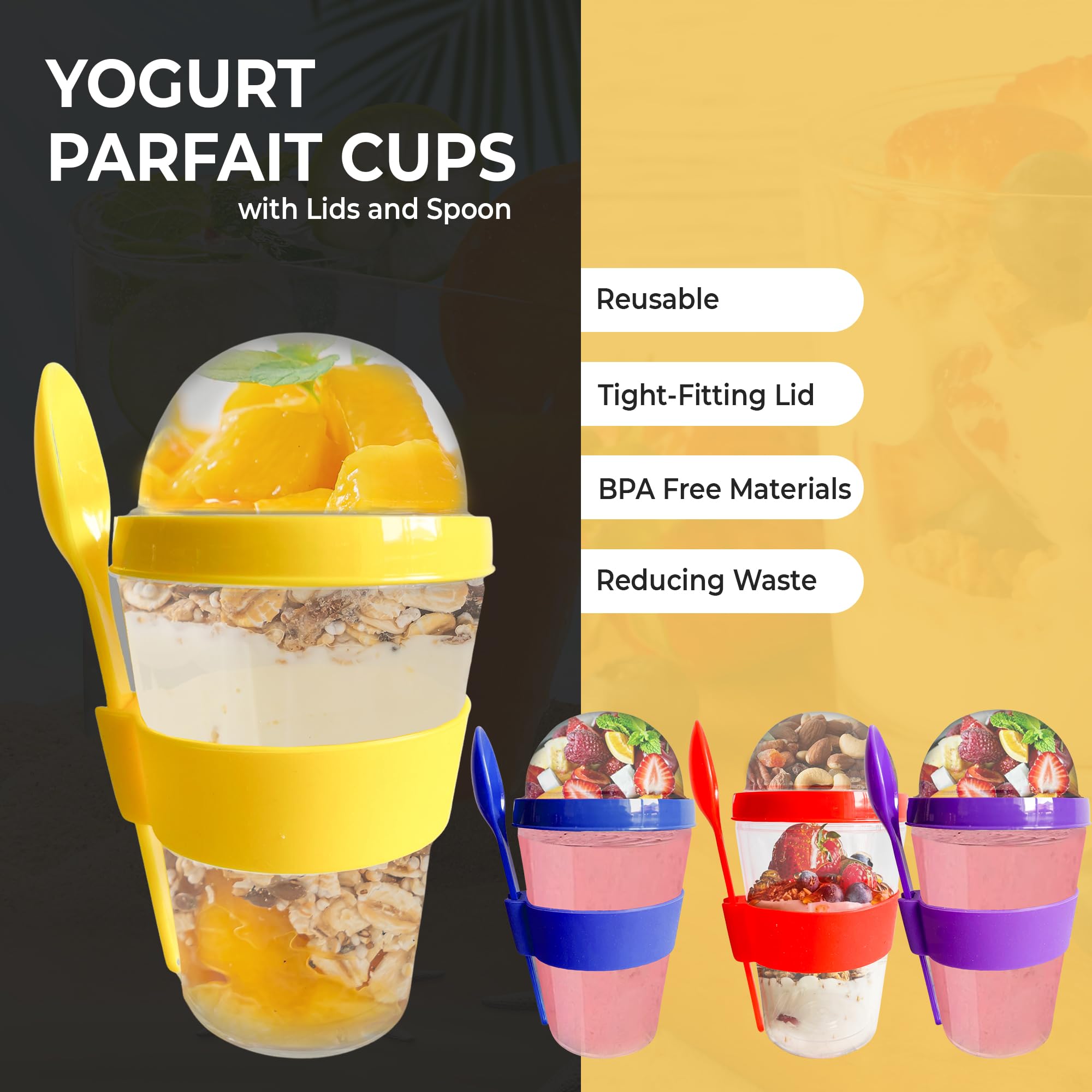 Minial Wave 3 Pack 19 Oz Overnight Oats Containers with Lids & 11.8 Oz Yogurt Parfait Cups for breakfast, Travel, Gym, Office-Crunch Cups for Cereal and Milk on the Go- Oatmeal container