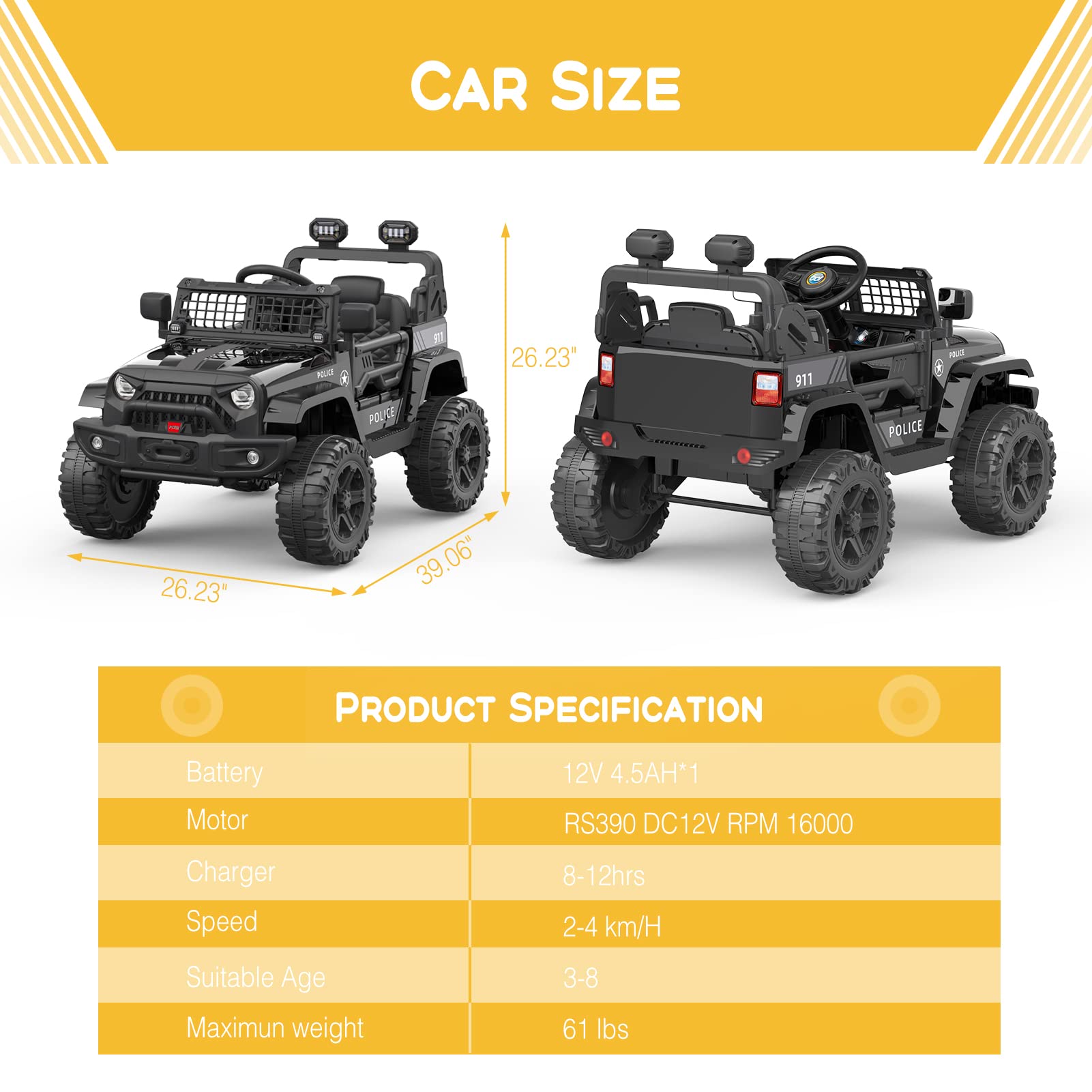Ride on Truck Car 12V Kids Electric Vehicles with Remote Control Spring Suspension, LED Lights, Bluetooth, 2 Speeds