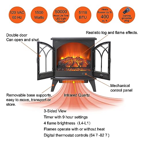 LKTART 24'' Electric Fireplace Infrared Stove 3D log Flame effect Freestanding Fireplace Heater with Remote Control Timer Adjustable Flame Effect Safety Protection 1500W /5018 BTU