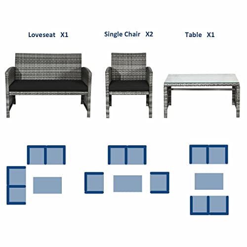 WYKDD 4PCS Patio Rattan Furniture Set Conversation Glass Table Top Sofa Cushioned Loveseat Single Chairs