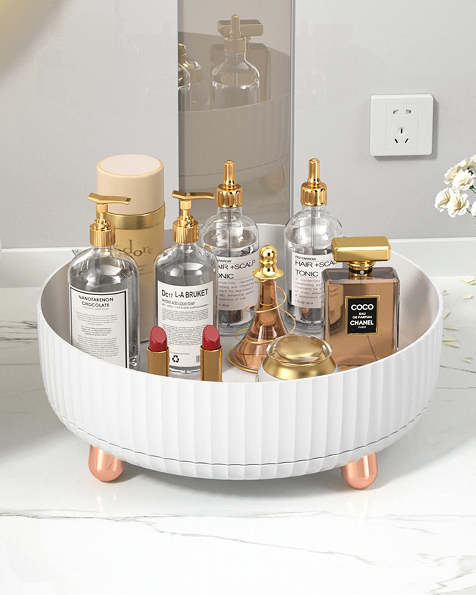 Lolocor Makeup Perfume Organizer - 360 Degree Rotating Lazy Susan Organizer for Cabinet 11" Cosmetic Desk Storage Lotions Display Case Round Gift Holder Tray with Large Capacity White