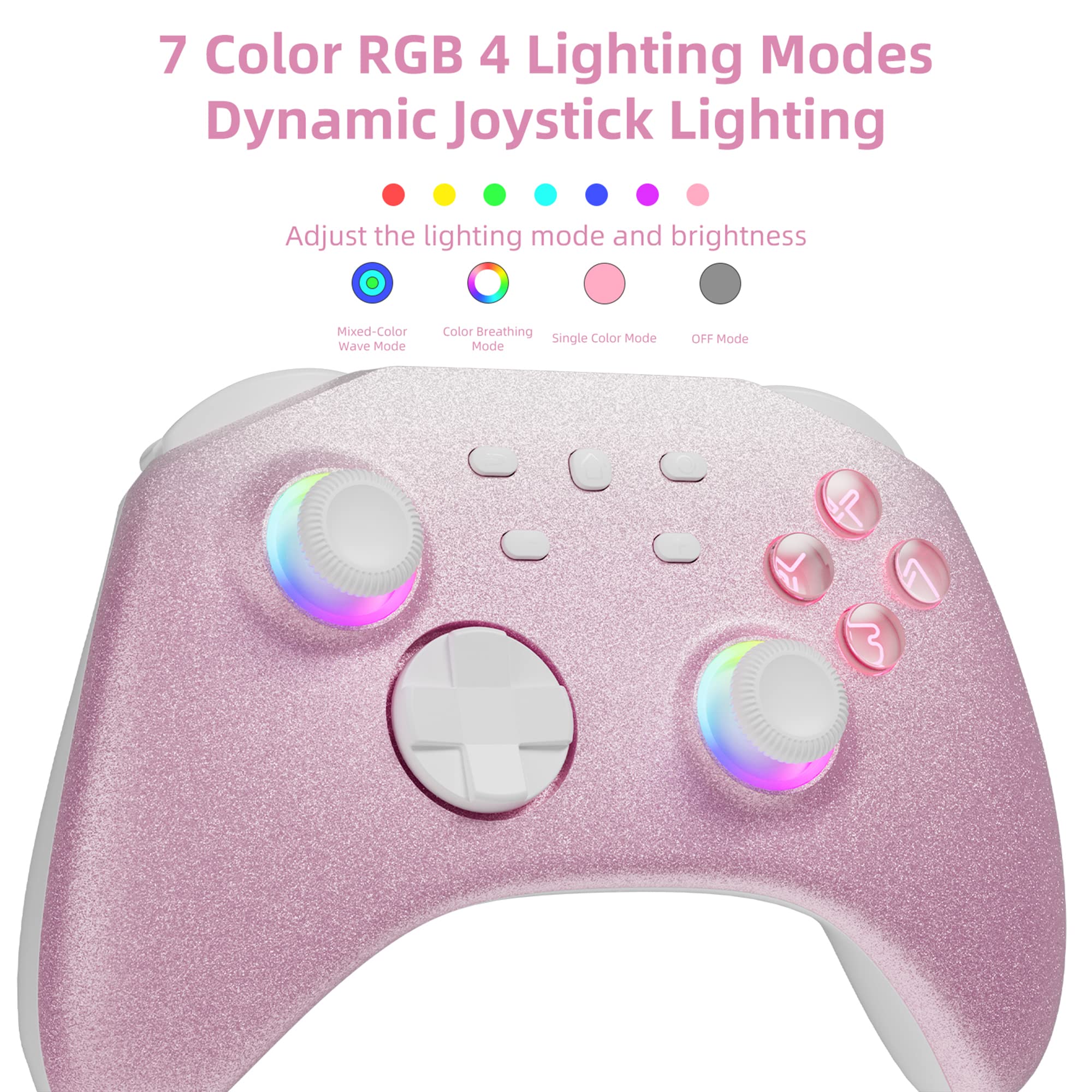 Pink Wireless Switch Controller for Switch/OLED/Lite Steam Deck, Pro Controller with Turbo, Motion, Vibration, Wake-Up, Headphone Jack and Dynamic Joystick RGB Lighting, Gaming Genshin Impact