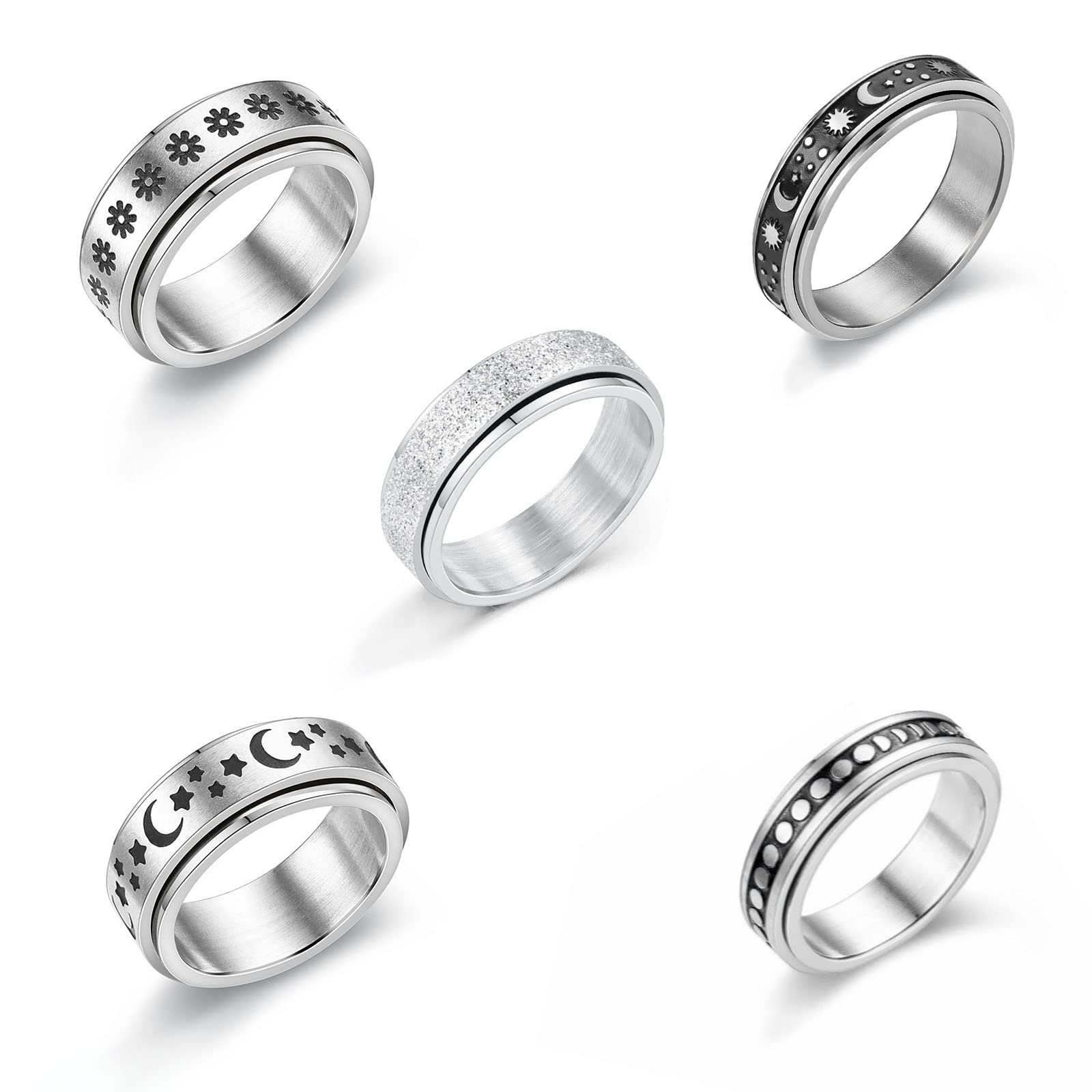 PUODROUXO Spinner Rings Moon and Star Fidget Ring Stress Relieving Anxiety Ring Engagement Wedding Promise Band for Women Men 5pcs