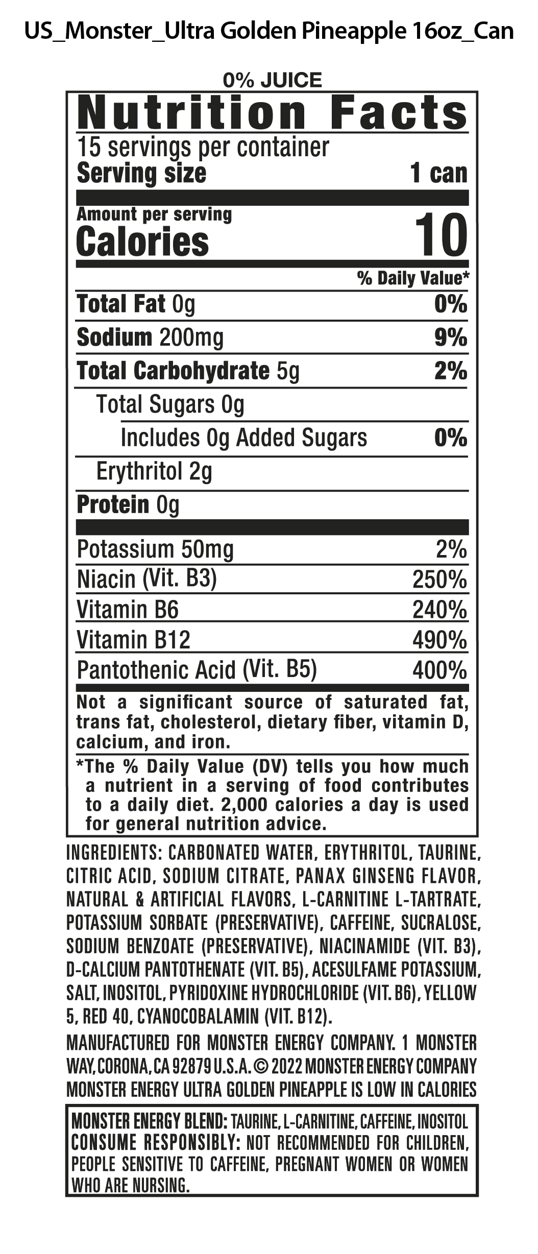 Monster Energy Ultra Golden Pineapple, Sugar Free Energy Drink, 16 Ounce (Pack of 15)