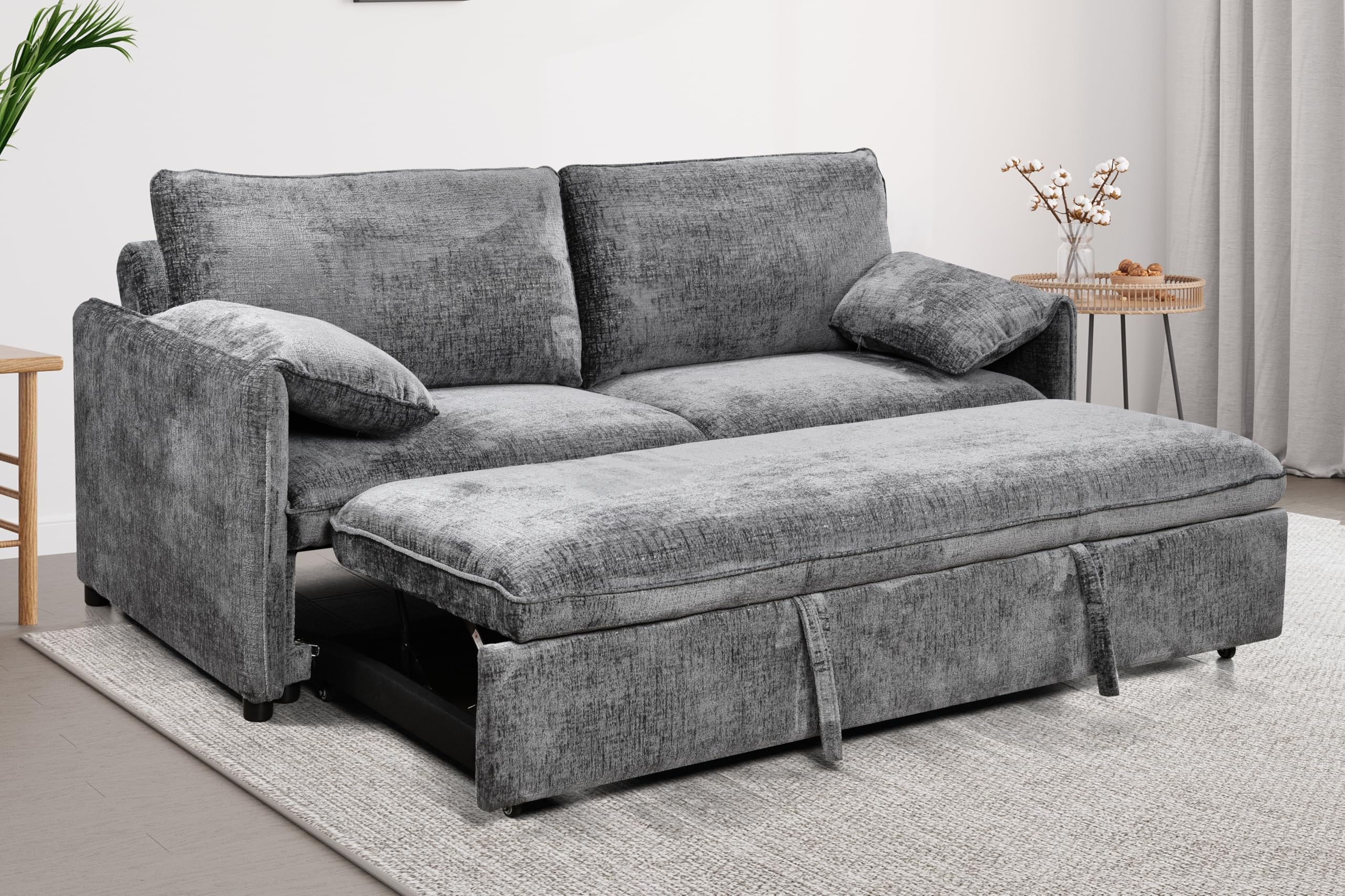ZIGHTH 81-Inch Chenille Queen Size Sleeper Sofa Couch with Pullout Bed, Convertible Pull Out Couch with 4 Pillows and Adjustable Backrest for Small Spaces, Apartment, Guest Room, RV (Light Brown)