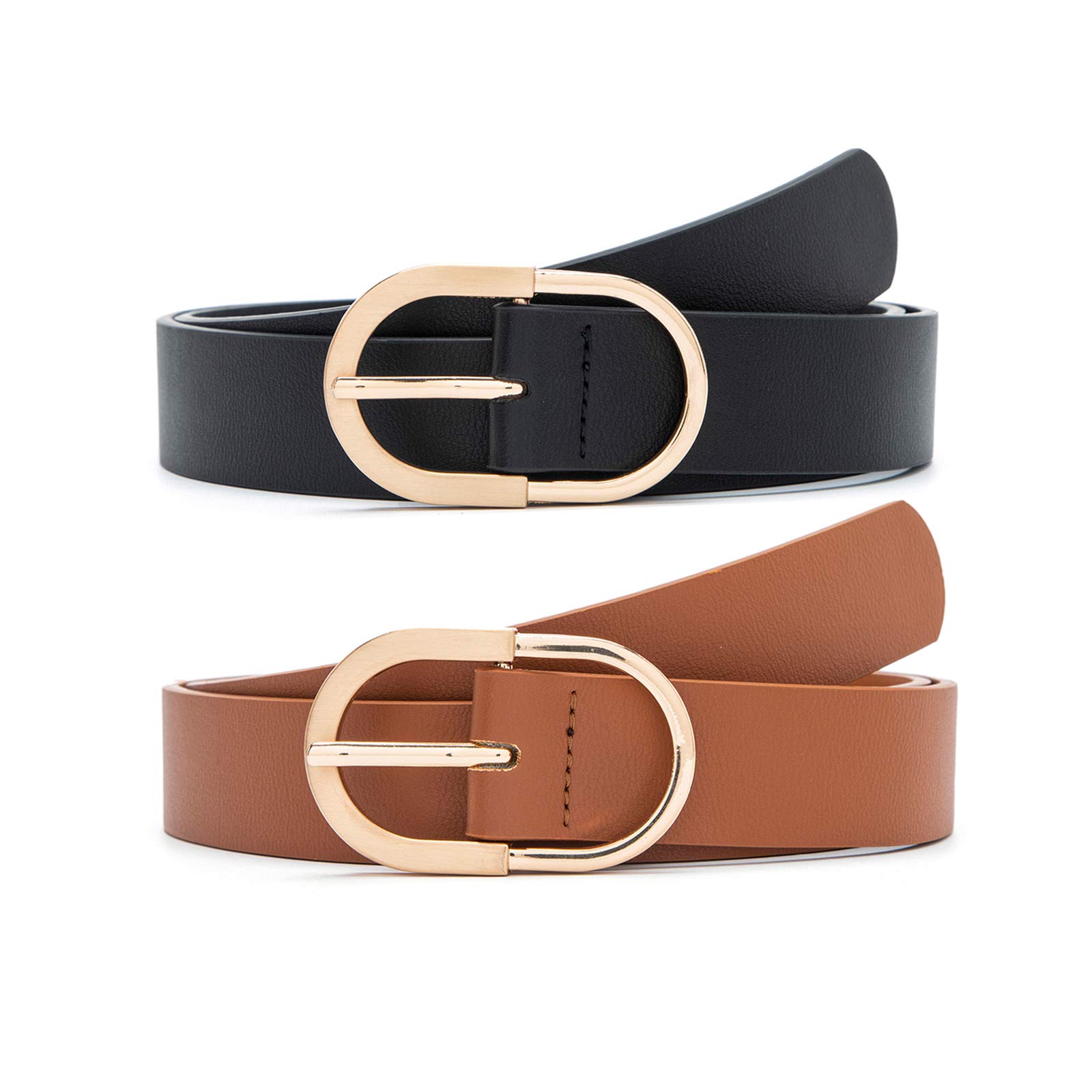 MORELESS 2 Pack Women's Leather Belts for Jeans Pants with Fashion Center Bar Buckle Black and Brown Medium