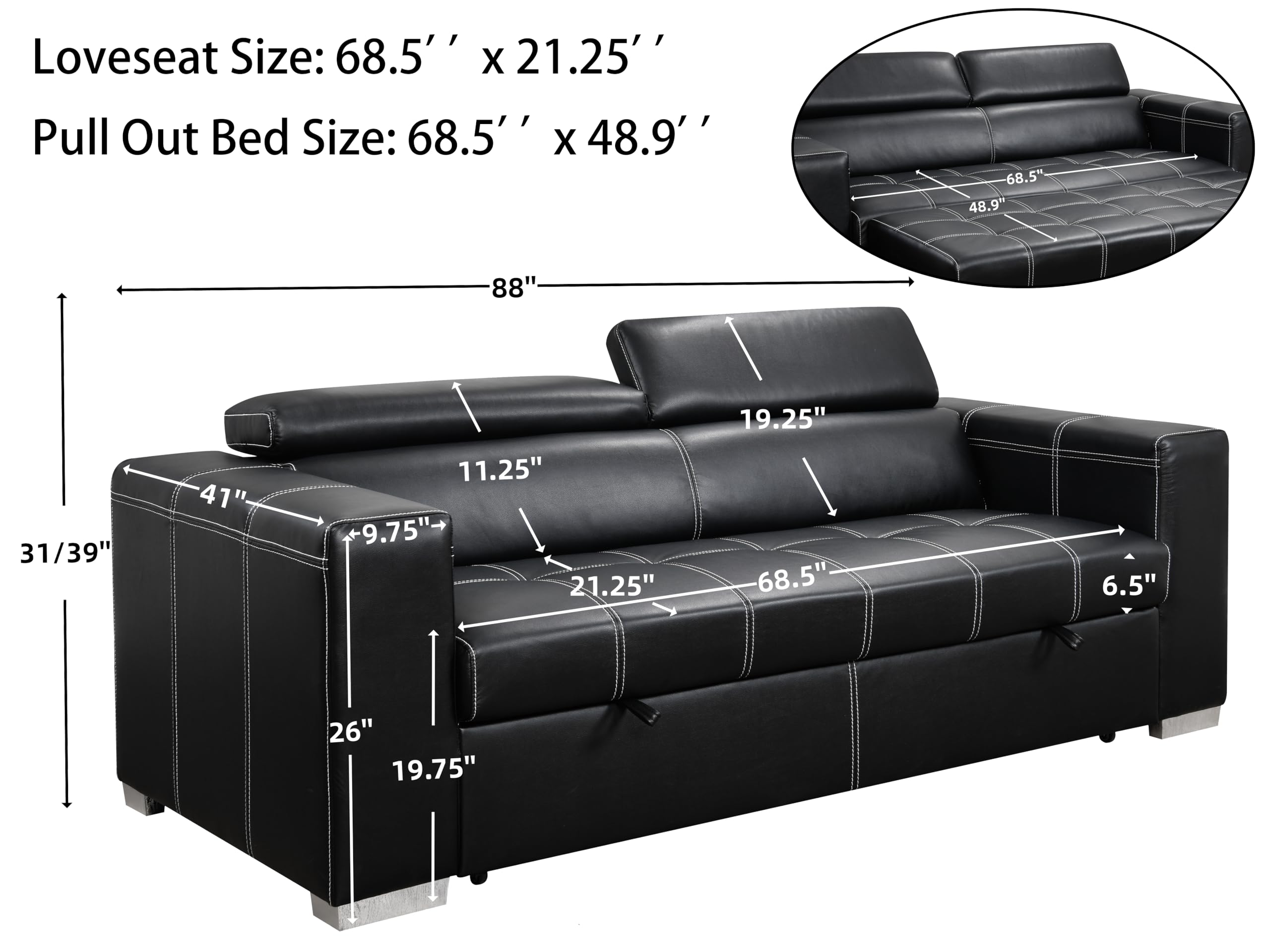ZIGHTH 88 inch Oversized Breathable Leather Sofa with Adjustable Headrest, Modern Breathable Leather Couch Loveseat with Pull Out Chaise Lounge, Black Leather Sofa for Living Room, Apartment (Black)