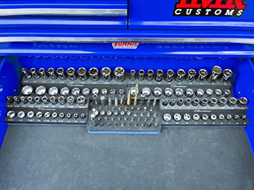 ToolGear Socket Organizer, Easy to Read Size labels, 80 sockets w/added 50 hex bit holder, both deep & standard sockets, metric & standard, 3/8 and 1/4 inch drive socket holder, tool organizer trays